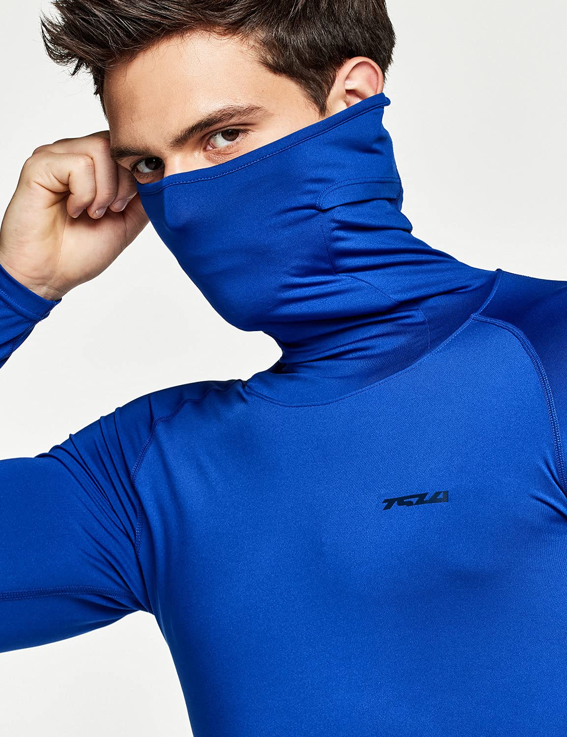 TSLA Men's Long Sleeve Workout Shirts Hoodie with Mask, UPF 50+ Cool Dry Fit Sports Compression Shirts, Hyper Control Blue, Medium