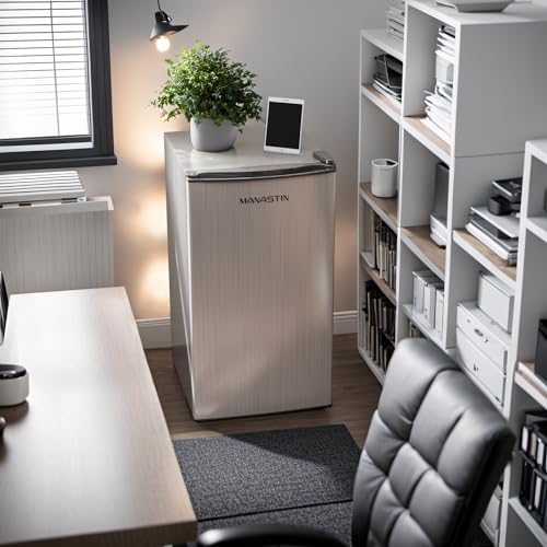 Manastin 3.2 Cu. Ft Mini Fridge with Freezer for Bedroom, Dorm, Office, Compact Refrigerator with Adjustable Thermostat, Removable Glass Shelves and Reversible Door (Silver)