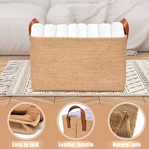 Sarmyarc 2 pieces of fabric storage bins, foldable jute woven storage basket with leather handle for easy access, storage bins for organizing closets, shelves and living rooms.