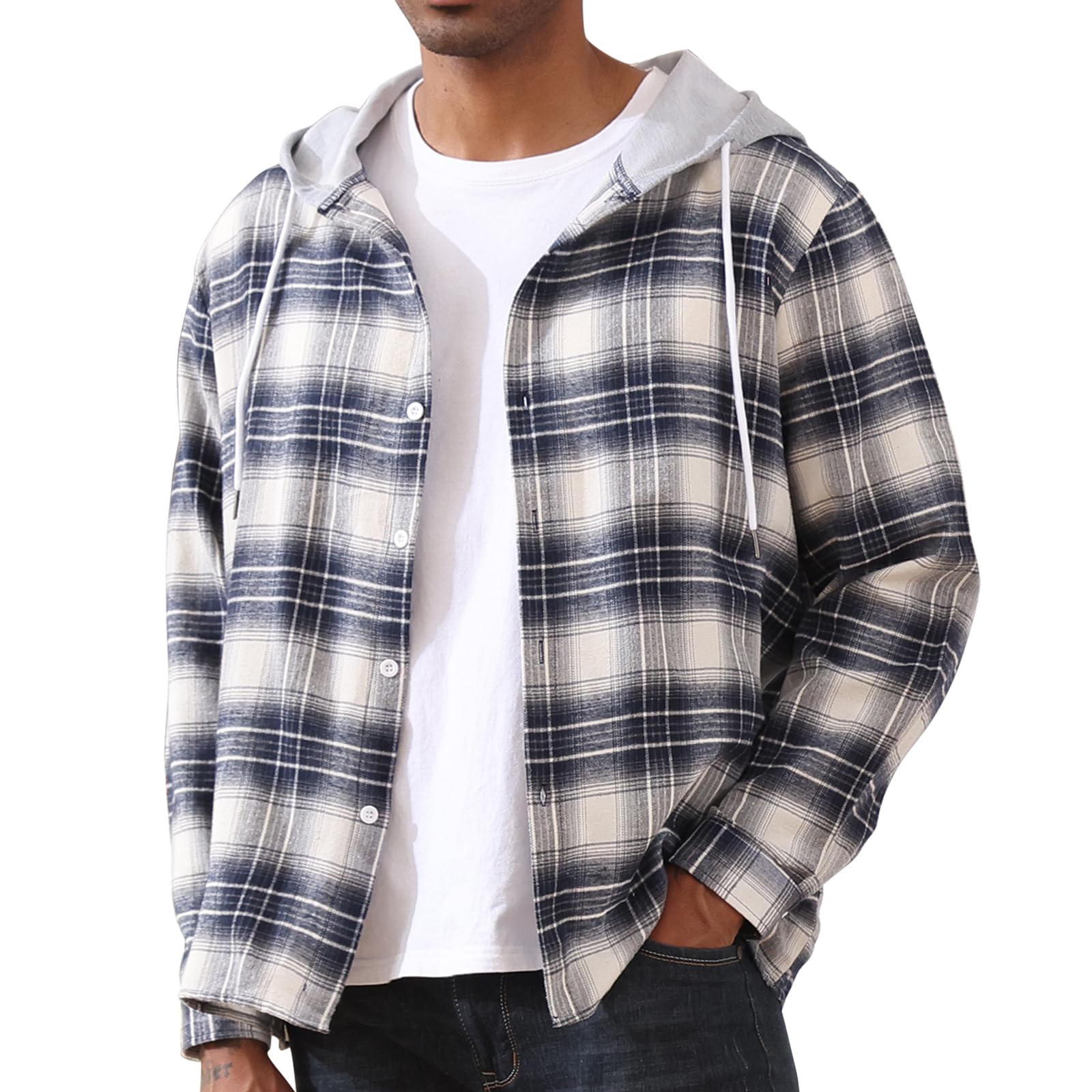 Mens Long Sleeve Flannel Plaid Shirts Casual Button Down Hooded Shirts Lightweight Fashion Top Navy