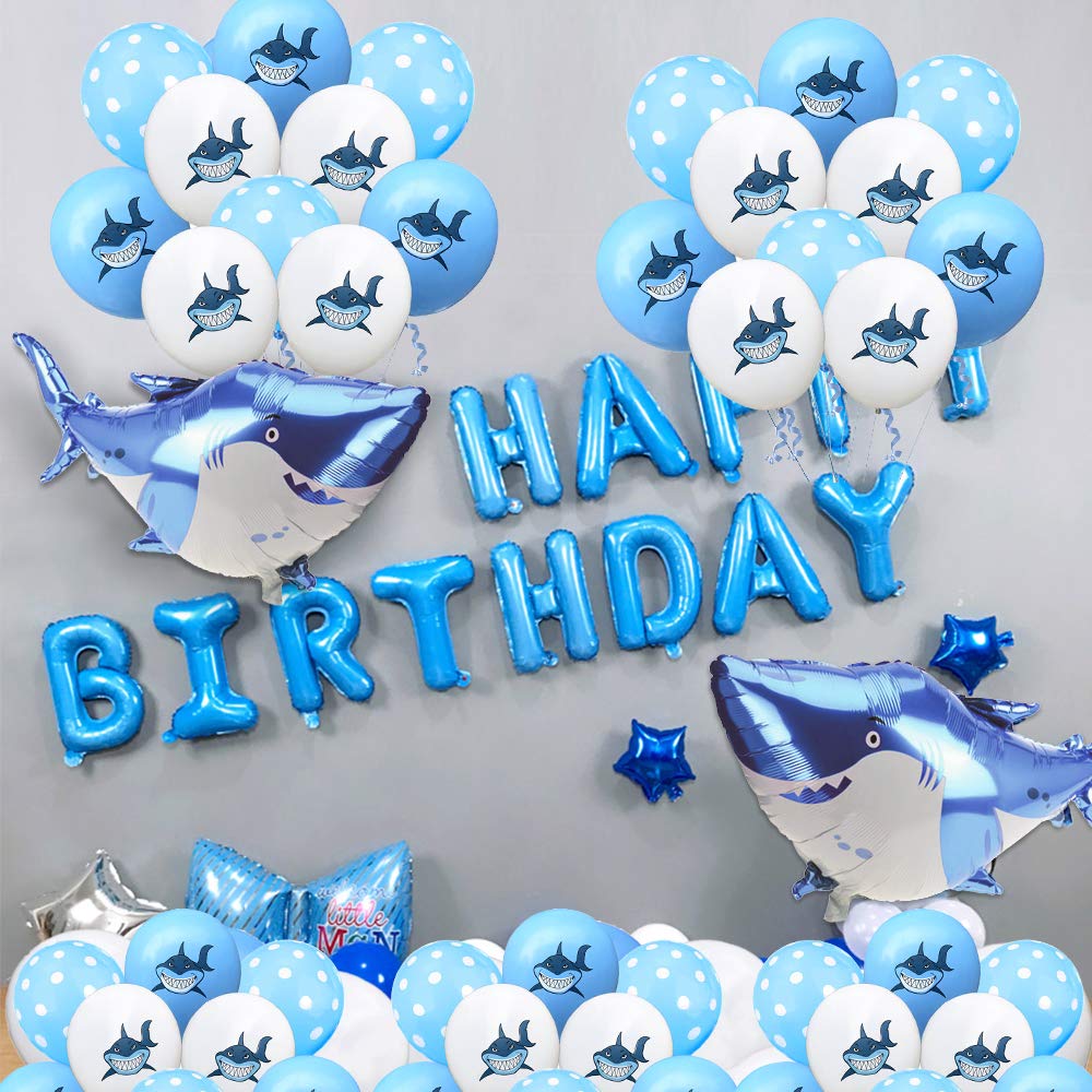 SAKOLLA Set of 22 Shark Theme Party, 2 x 37" Large Shark Foil Balloons and 20 x 12" Shark Latex Balloons