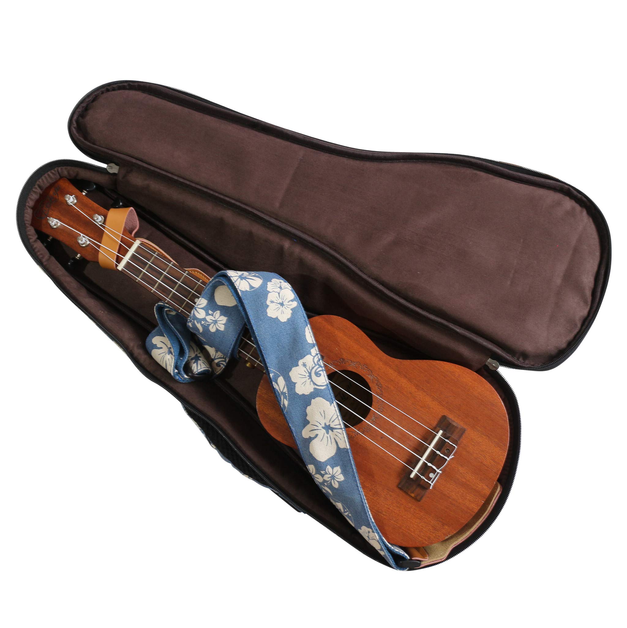 MUSIC FIRST Original Design 0.5" Thick Padded Hawaii Style “Blue and White Plumeria” Canvas Ukulele Case, Ukulele Bag, Ukulele Cover, Salute ELVIS (Fit for 23~24 inch Concert Ukulele)