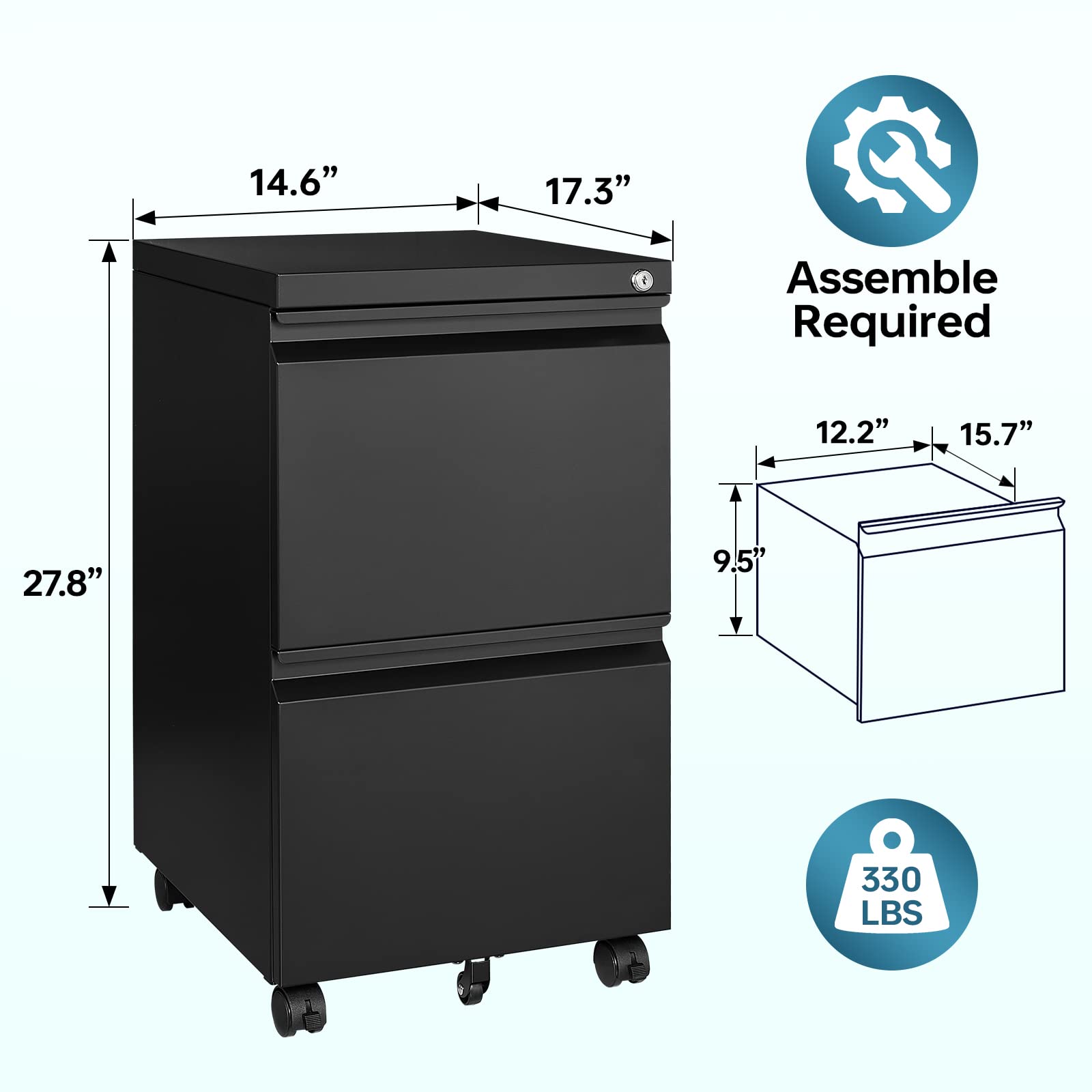 MIIIKO 2 Drawer File Cabinet on Wheels, Home Office Mobile Under Desk with Lock, Vertical Files Drawers for Legal/Letter/A4
