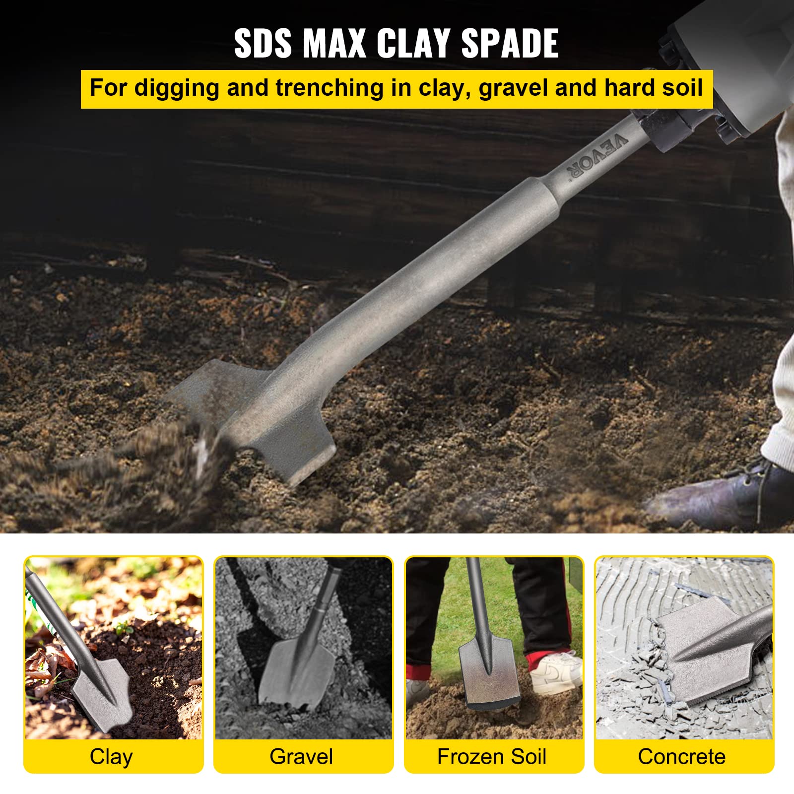 VEVOR SDS Max Clay Spade and Tile Thinset Removal Tool with Bull Point Hammer Steel Chisel Bit 17" x 4.3"