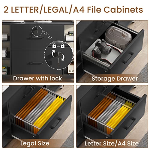 SEDETA 44" File Cabinet, Filing Cabinet fits Legal/Letter Size, 2 Drawer File Cabinets for Home Office with Lock, Power Strip, 6 Storage Shelves, Rustic Brown