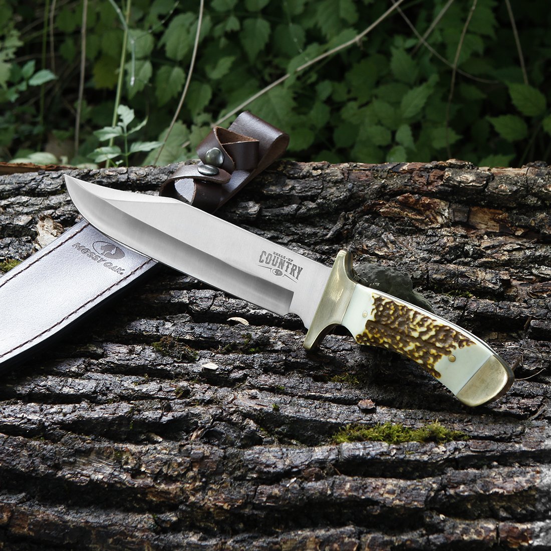 MOSSY OAK 14-inch Bowie Knife Stainless Steel Fixed Blade Full Tang Handle with Leather Sheath