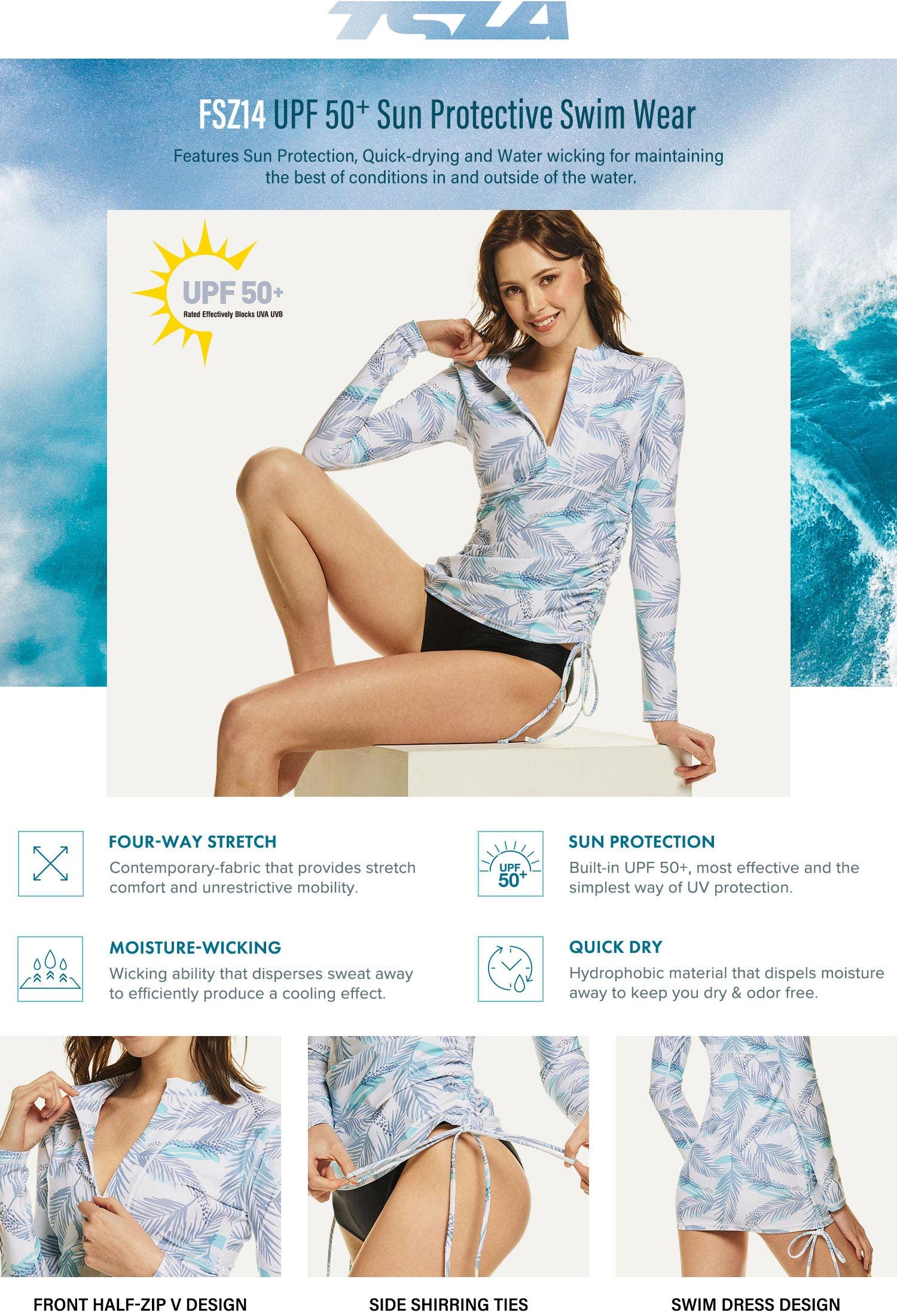 TSLA Women's Half-Zip Front Rash Guard, UPF 50+ Side Adjustable Long Sleeve Swim Shirts, Half Zip Long Sleeve Colorful Palm, Large