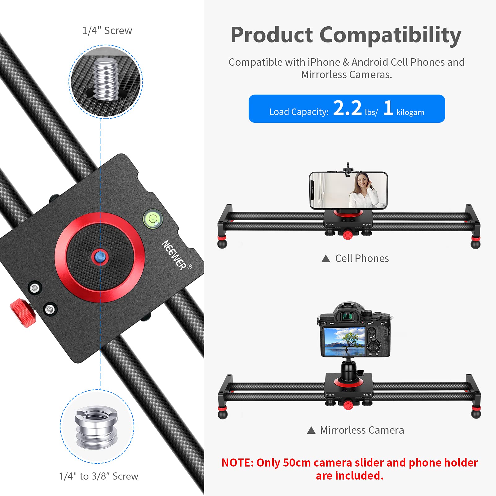 Neewer Camera Slider Carbon Fiber Dolly Rail, 19.7 inches/50 Centimeters with 4 Bearings for Smartphone Nikon Canon Sony Camera 12lbs Loading