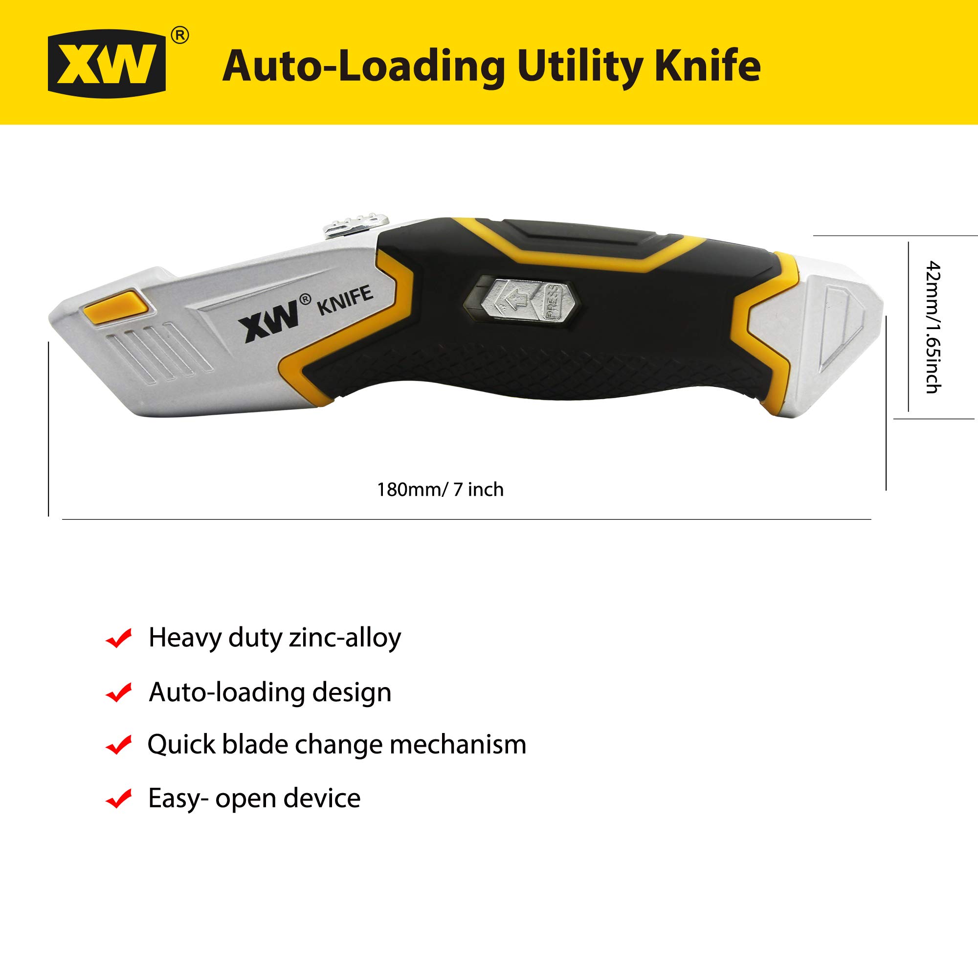 XW Auto Loading Utility Knife, 3-Position Retractable Box Cutter with 5 Pre-loaded Blades, Bonus 10 Blades Included