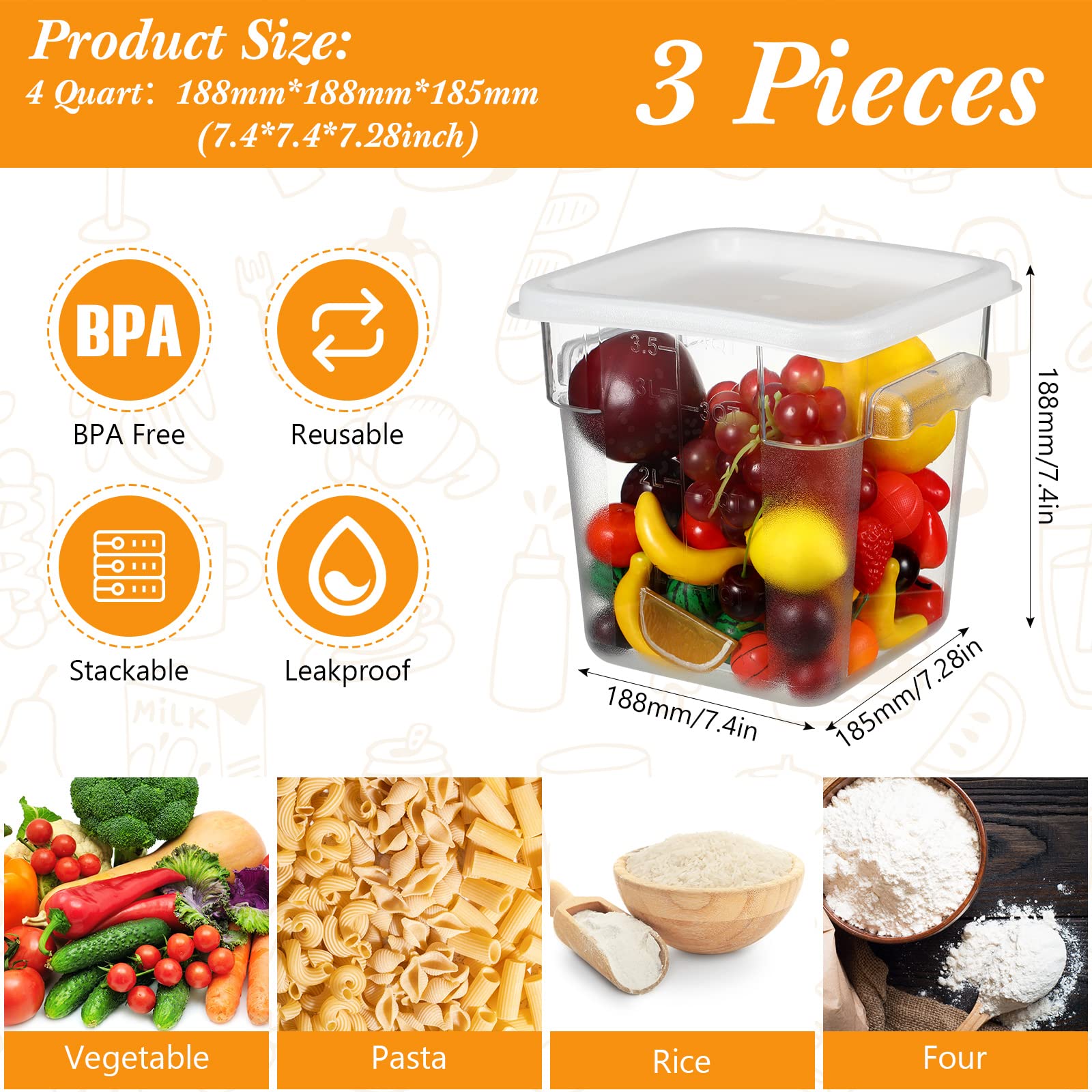 meekoo Set of 3 Food Container Sets Square Food Storage Containers with Lids 4 Quart Large Plastic Brining Container with Lid Commercial Clear Polycarbonate Brine Bucket for Kitchen Bread Food Prep