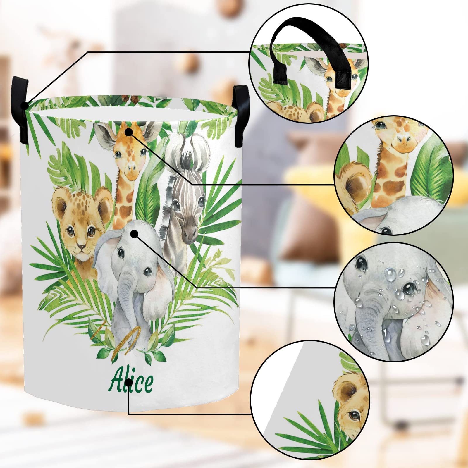 zaaprintblanket Personalized Laundry Basket Name Foldable Organizer Laundry Hamper with Handle Gift Baskets for Bathroom Bedroom Living Room(Giraffe Lion Elephant Green Leaves)