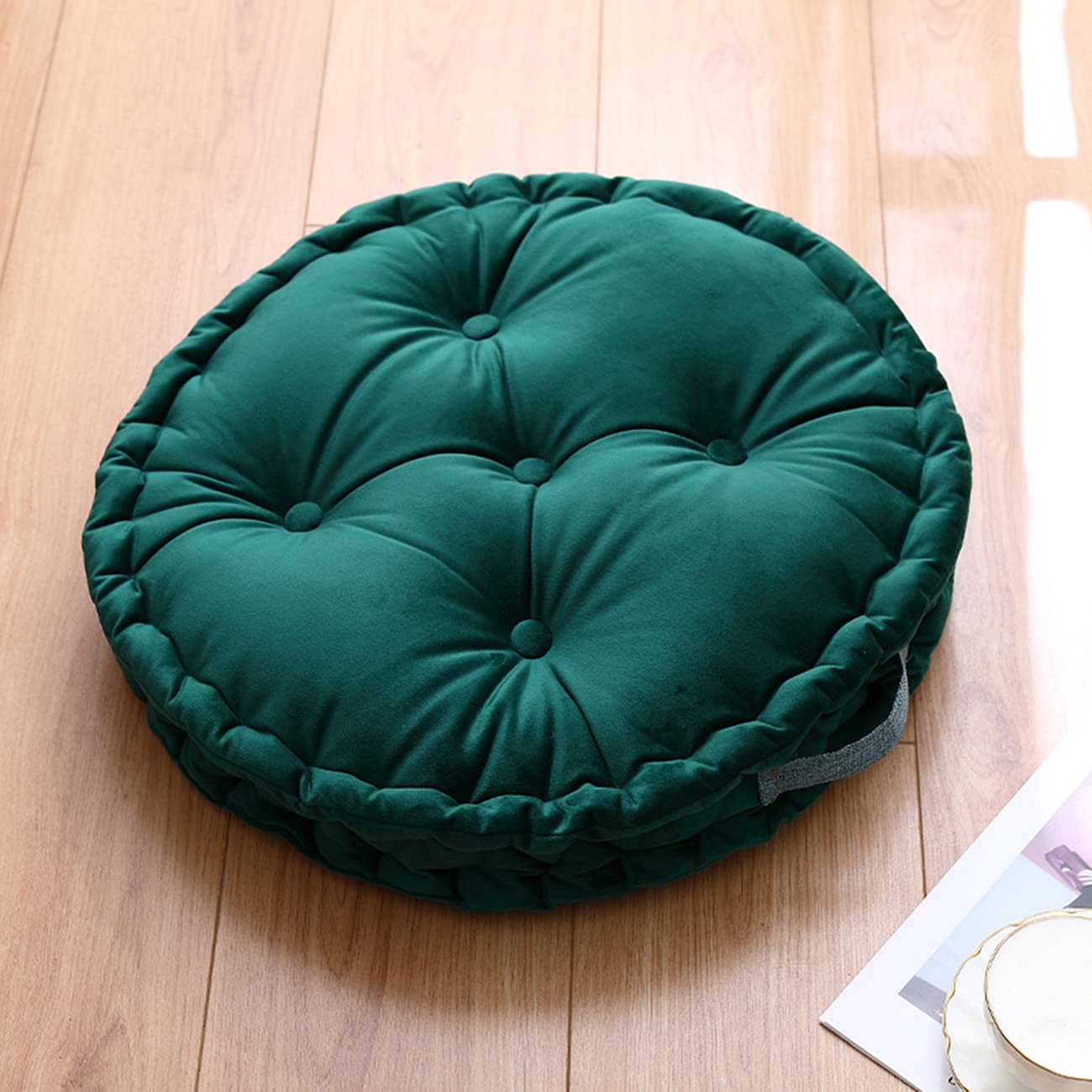 Wadser Tufted Velvet Floor Cushion, Round Thick Seating Cushion with Carrying Handle, Patio Meditation Pillow Tatami Chair Pads, 20"x20"x3.9", Emerald Green