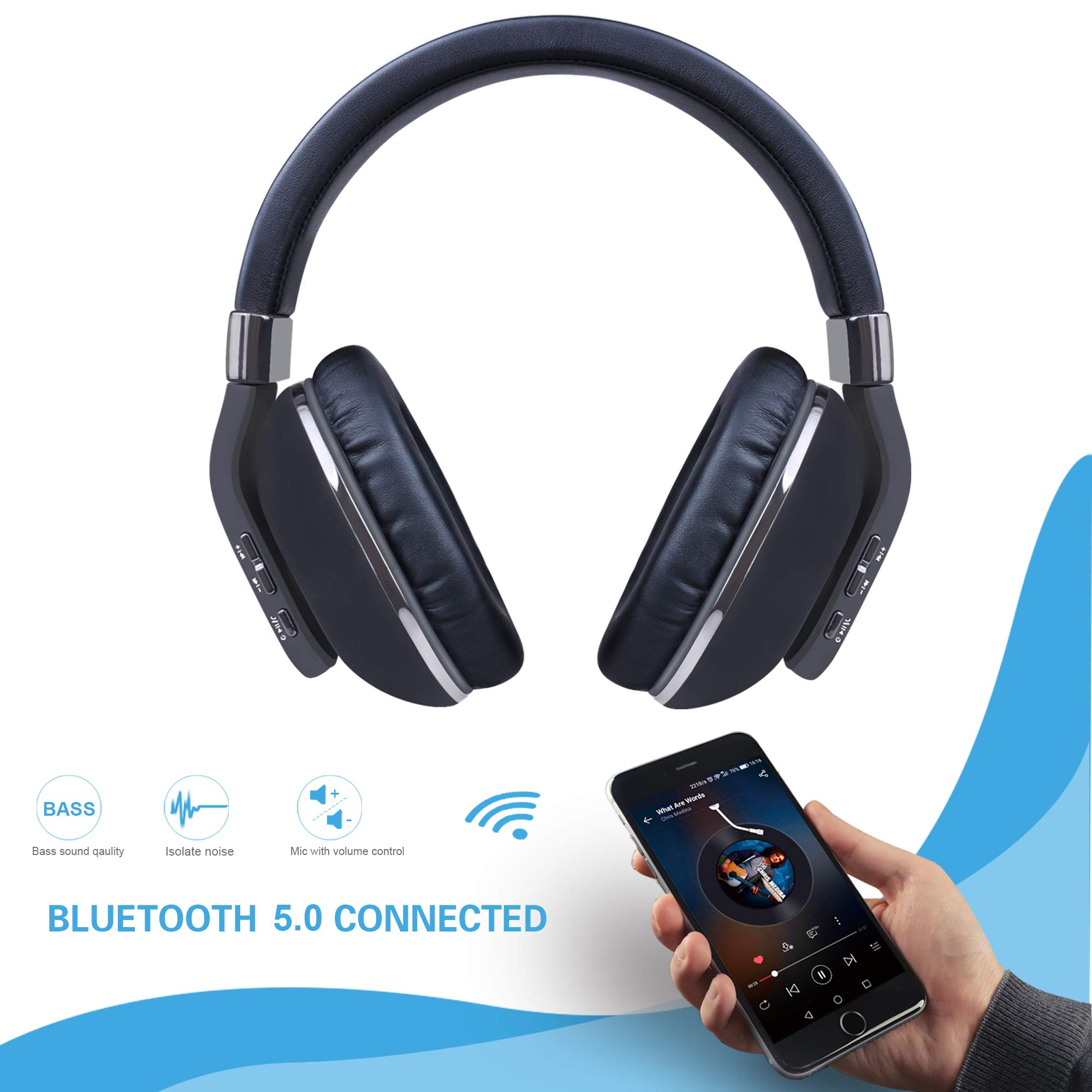 Riwbox XBT-780 Bluetooth Headphones Over Ear, Hi-Fi Stereo Wireless/Wired Headset with Built-in Microphone for Online Class, Home Office, PC/Cell Phones/TV (Black)