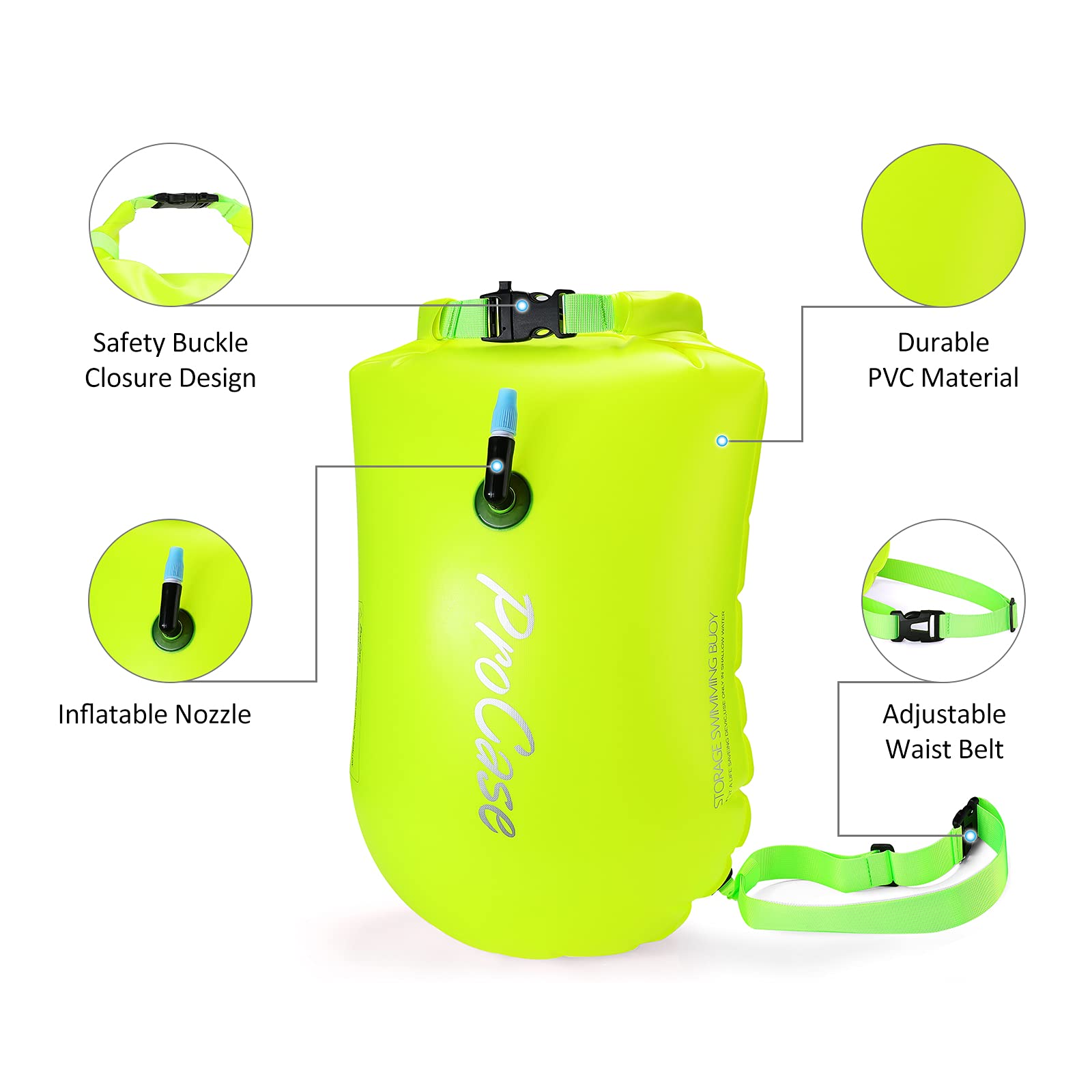 ProCase Swim Buoy Float Dry Bag, Highly Visible Signal Swimming Bubble with Adjustable Waist Belt for Open Water Swimming, Safe Swim Training, Triathletes, Kayaking, Snorkeling -Neonyellow