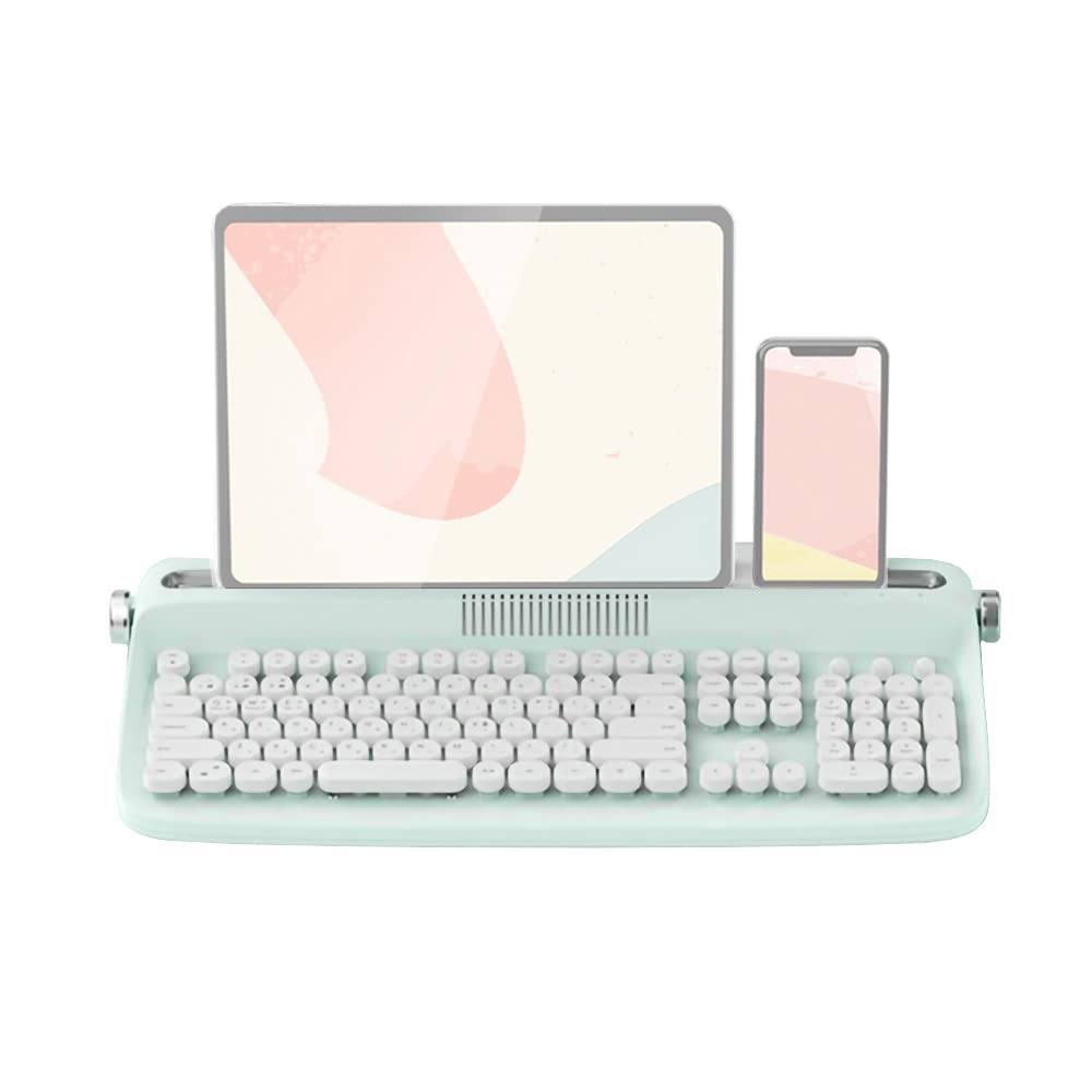 TISHLED Typewriter Keyboard Wireless Bluetooth 5.0 Retro Aesthetic Cute Kawaii Round Keycaps 106-Key with Num Pad Clicky Mechanical Feeling with Phone Holder for Windows/Mac OS/Android/iOS (Mint)