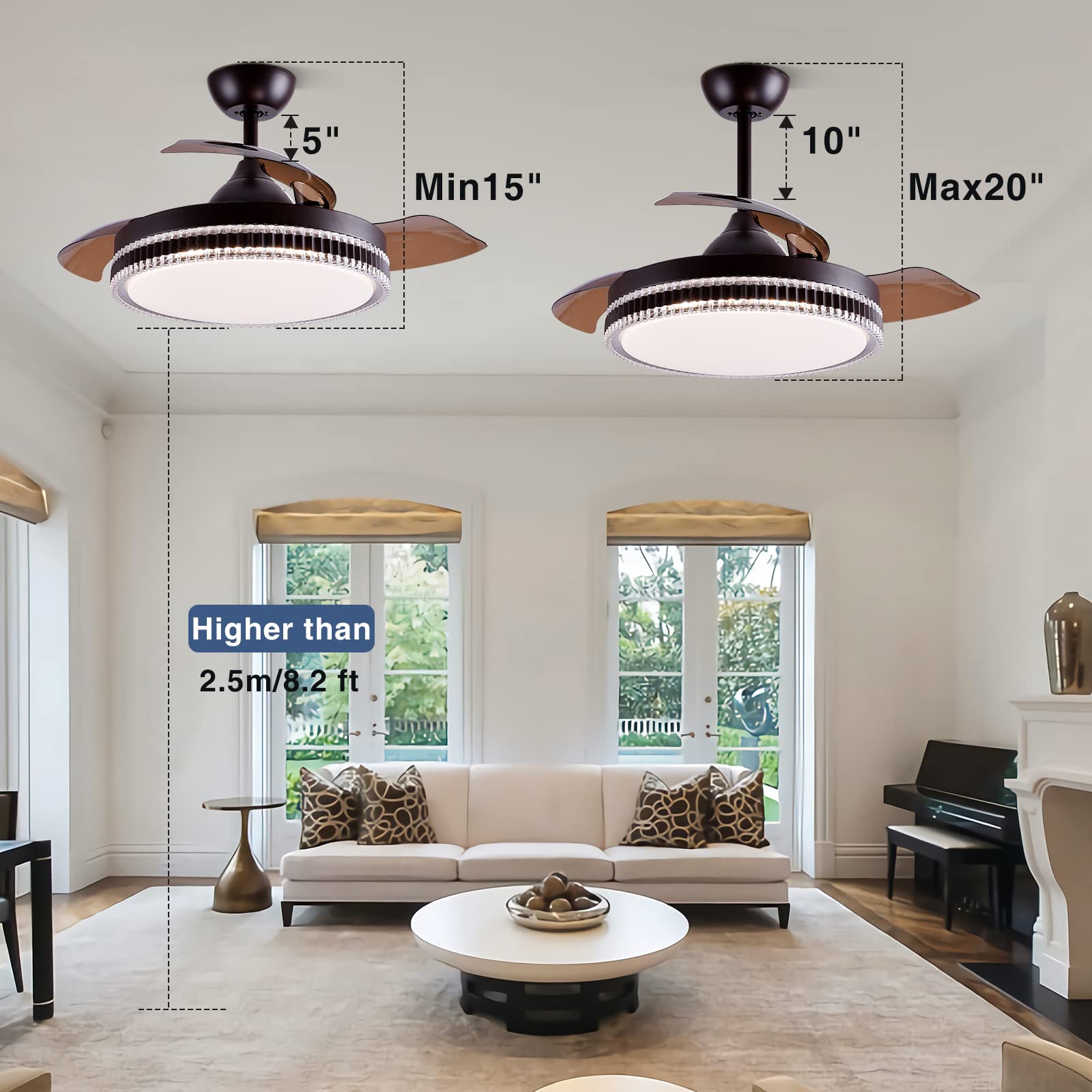 TAOBITAN 42inches Retractable Blade Ceiling Fan with Light and Remote Control with Retractable BladesBlack Ceiling fan with Reversible Motor, 6 Speeds, 3 Light Color, 4 Timing for Living Room Bedroom