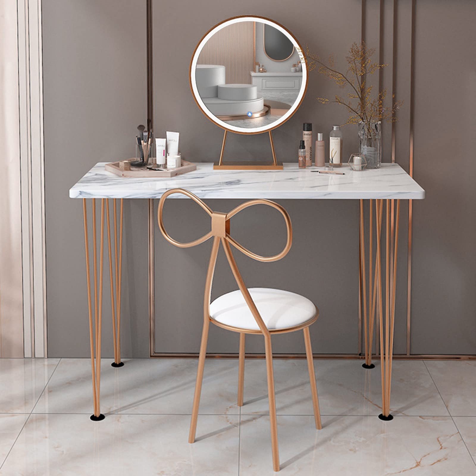 Vanity Desk with Lighted Mirror, Marble Makeup Table, Dressing Table with Cushioned Stool, Bedroom Makeup Vanity Dressing Desk for Women Girls, Adjustable Brightness