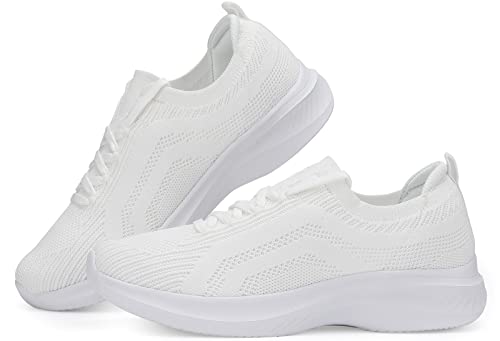 Santiro Womens Walking Tennis Shoes - Memory Foam Comfortable Lightweight Casual Slip On White Sneakers for Gym Work 10 US