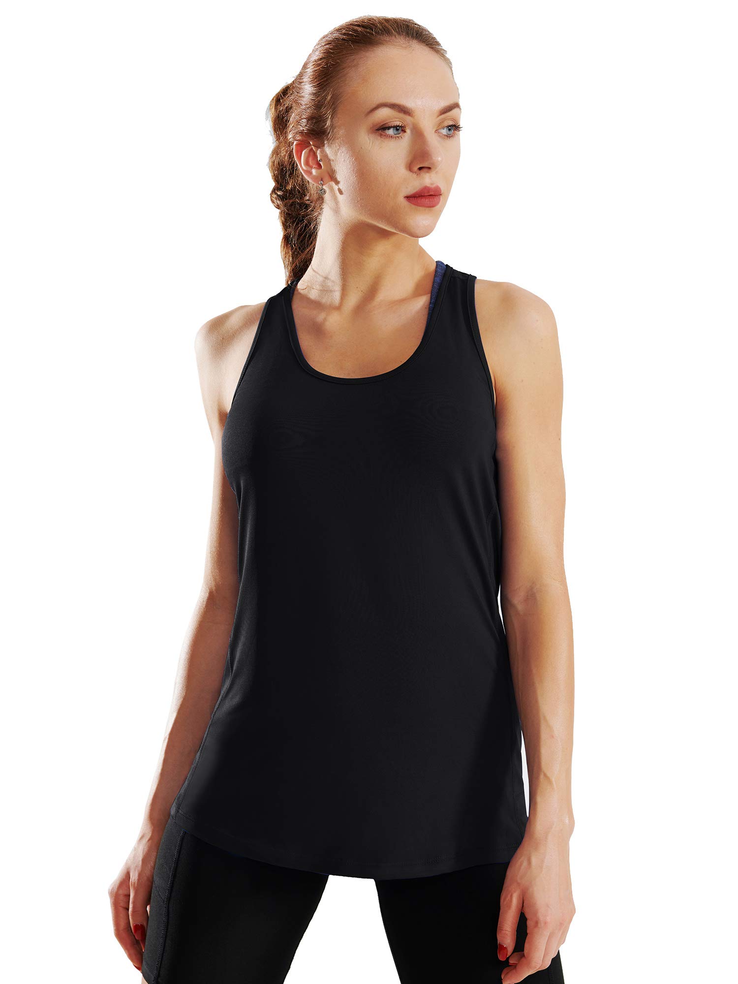 NELEUS Women's 3 Pack Running Workout Athletic Long Racerback Tank Tops for Yoga,8005,Black,Light Blue,Grey,US S,EU M