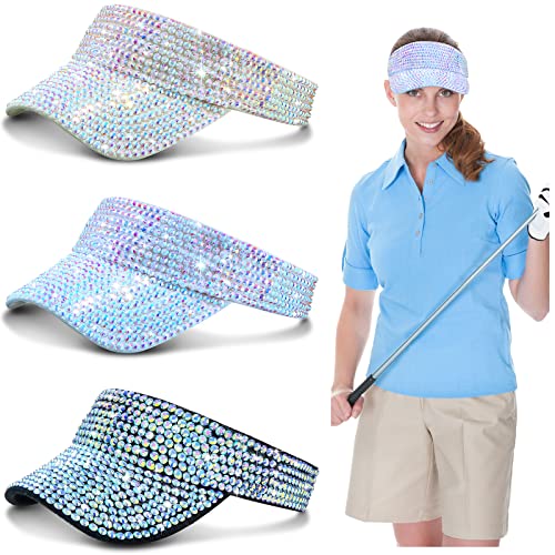 Vicenpal 3 Pcs Glitter Visor Shiny Rhinestones Sport Adjustable Summer Cap Sun Visor Caps for Tennis Cycling Running(Black, White, Beige)