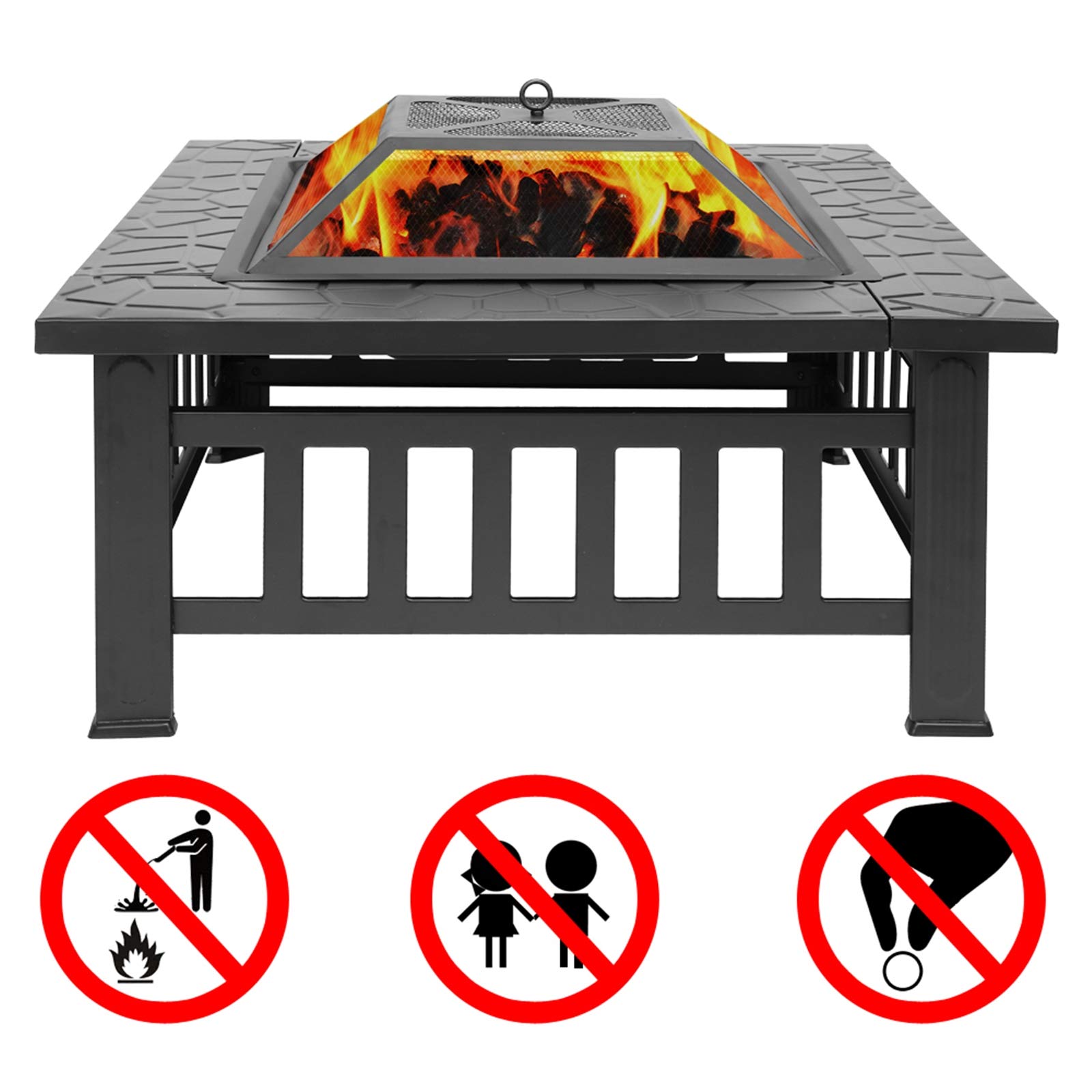 Multifunctional Fire Pit Table 32in Square Metal Firepit Stove Backyard Patio Garden Fireplace with Mesh Screen Lid, Poker,Instruction for Camping, Outdoor Heating, Bonfire and Picnic