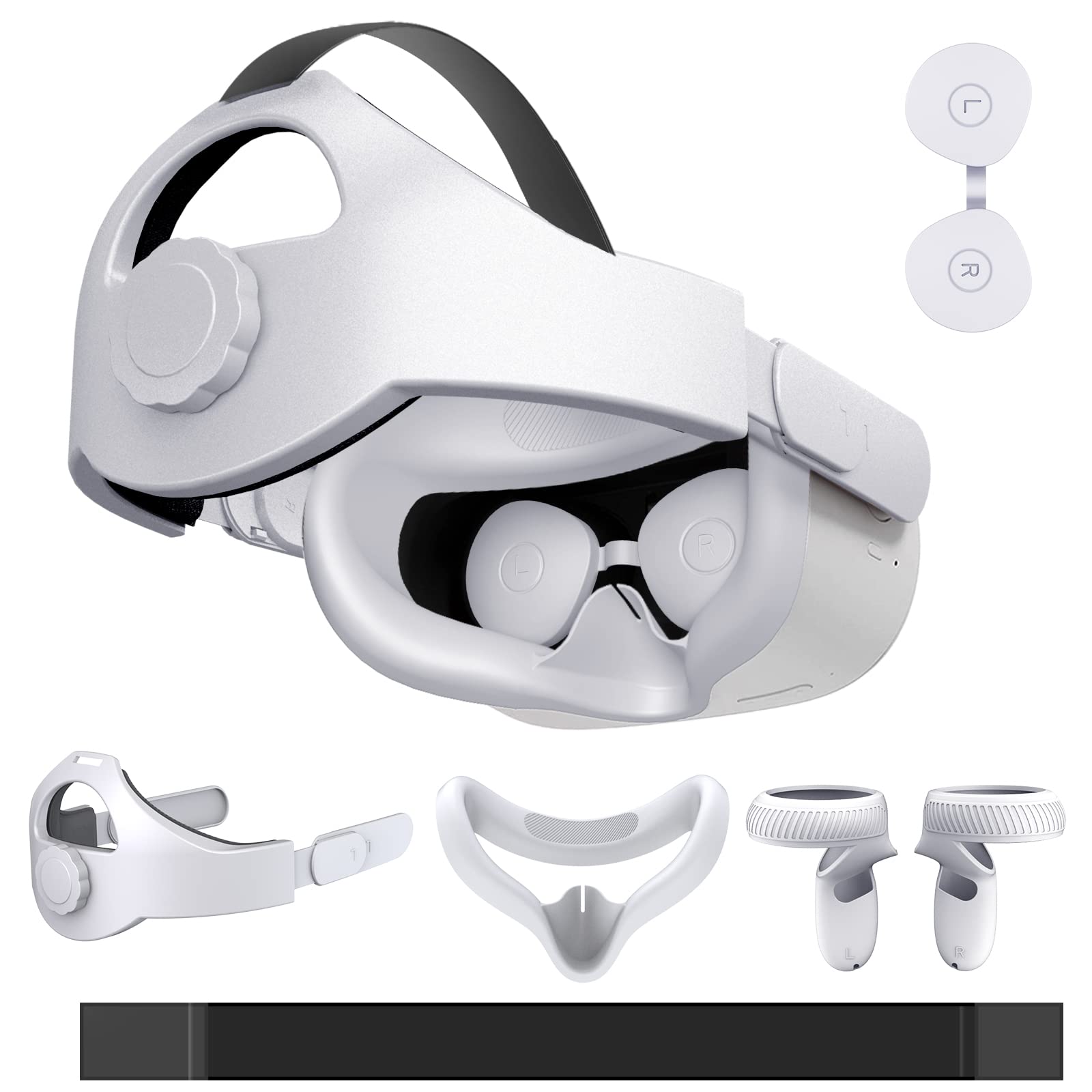 SUIHUOJI for VR Oculus Quest 2 Accessories 5 in 1 Replacement Head Strap Elite Kits Protective Lens Cover Sweatproof/Silicone Face Pad Cover/Controller Grips Cover for Quest 2 Headset (White)