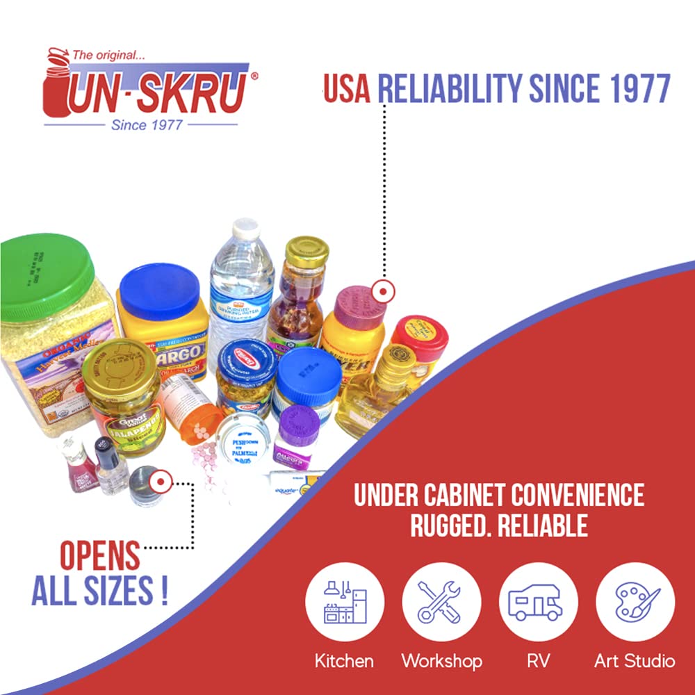 UN-SKRU Jar Opener - Under Cabinet Bottle & Jar Lid Opener for Arthritis, Weak Hands, Seniors β One Handed, Easy Grip Universal Lid Gripper Tool for Jars, Bottles & Containers β Removes Tight Jar Lids