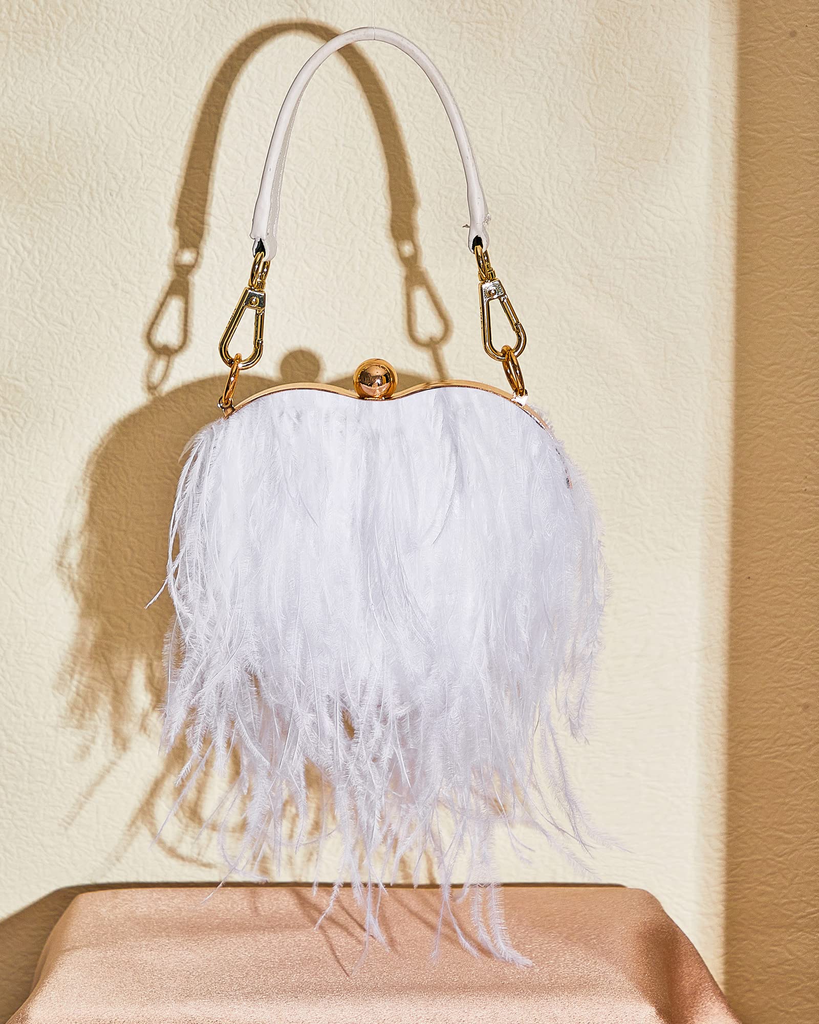 Women Ostrich Feather Tote Bag Heart Shaped Fluffy Purse Clutch Feather Purse Feather Evening Handbag for Wedding Party(White)