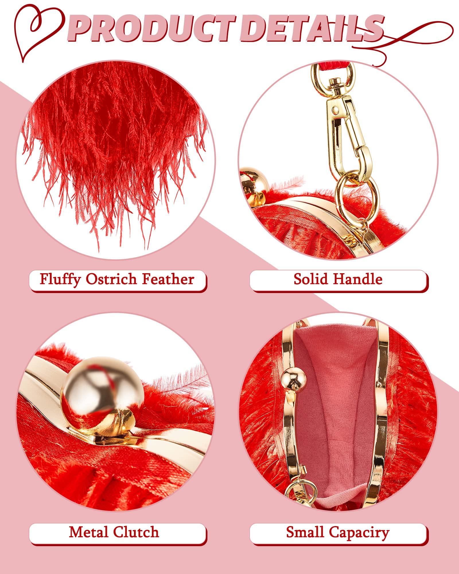Women Ostrich Feather Tote Bag Heart Shaped Fluffy Purse Clutch Feather Purse Feather Evening Handbag for Wedding Party(Red)