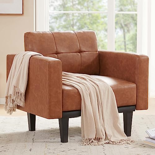 Mid-Century Modern Leather Accent Wood Base & Legs, Oversized Upholstered Single Sofa Chair, Comfy Living Room Armchairs for Apartment Bedroom Office Study, Cognac/Espresso…, 1 Pcs, Brown