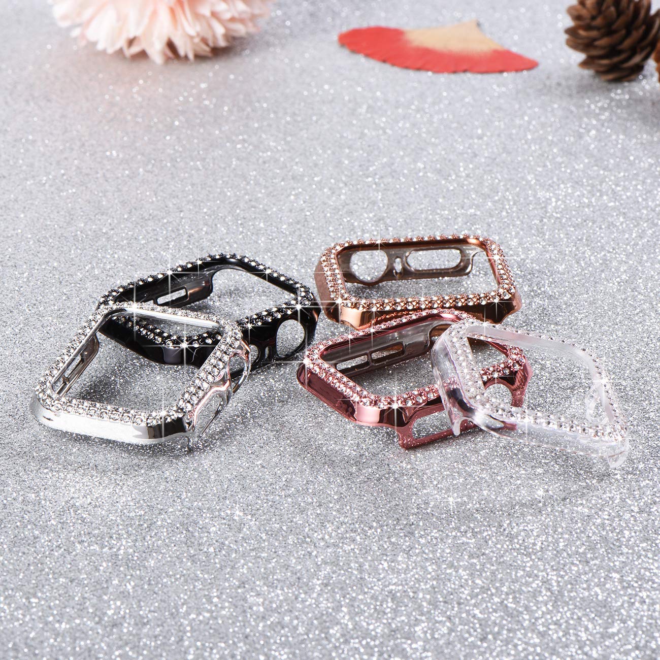 NewWays 5-Pack Bling Cases with Screen Protector Compatible for Apple Watch 42mm, Protective Cover for iWatch SE Series 6 5 4 3 2 1 (42mm, Black/Pink/Rose Gold/Silver/Iridescent)