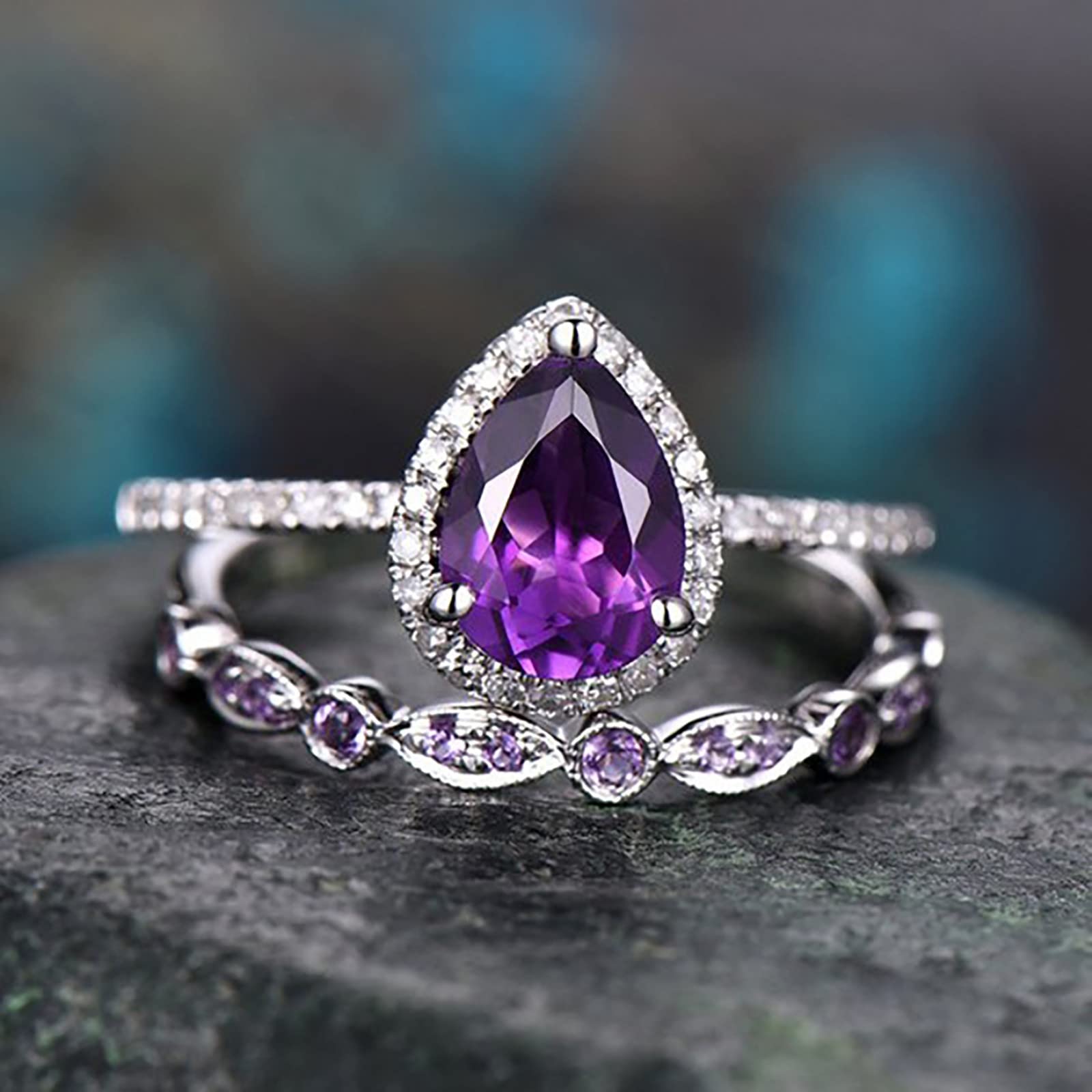 Women Shining Amethyst Ring 2 PCs Tear Drop Shape Cubic Zirconia Promise Rings Set Engagement Wedding Band Ring Sets