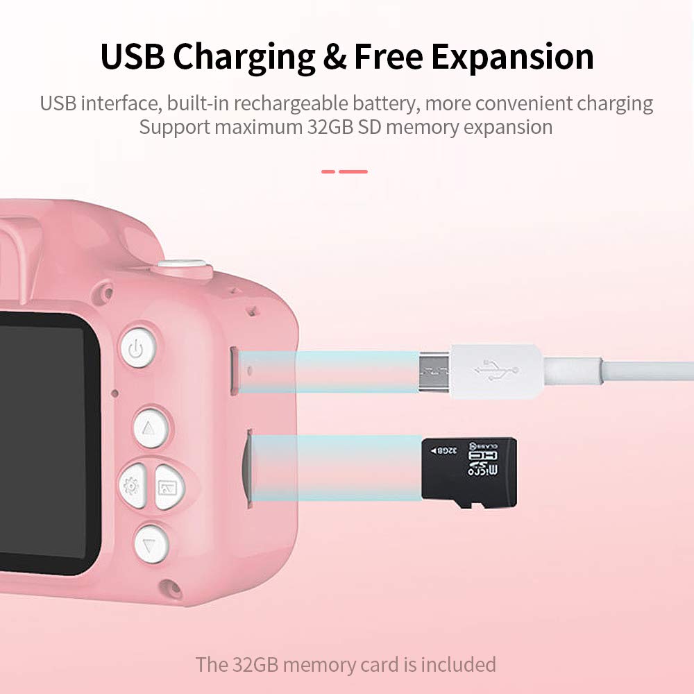 X2 Mini Kids Camera 2 inch HD Color Display Rechargable Mini Camera Video Camera Lovely Camera with 32GB Memory Card Pink NTBL