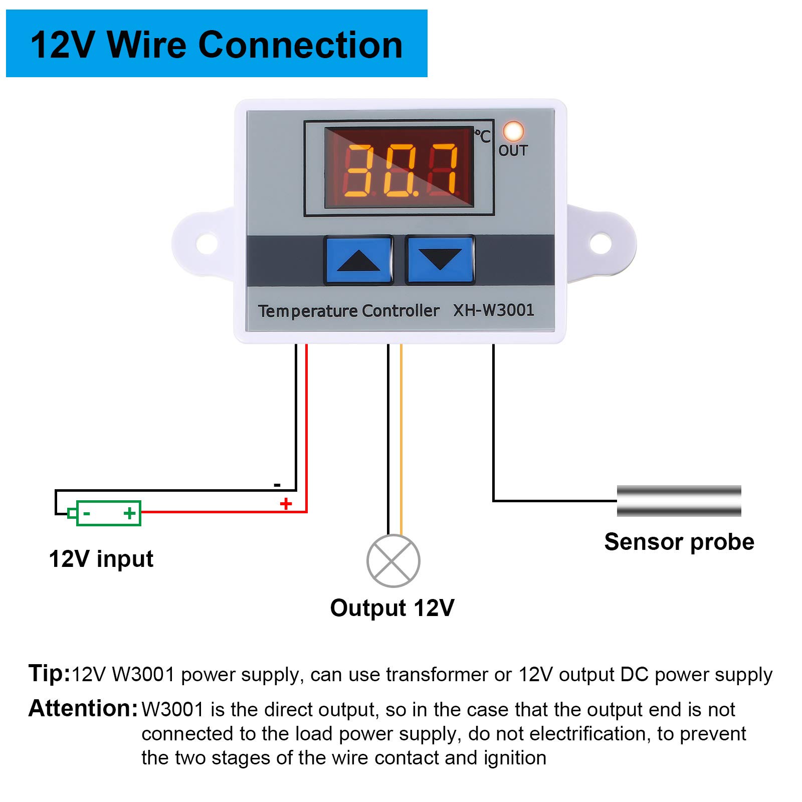 XH-W3001 Digital LED Temperature Controller Module Digital Thermostat Switch with Waterproof Probe Programmable Heating Cooling Electronic Thermostat Range from -50℃ to 110℃ (12V 10A 120W) (2 Pieces)