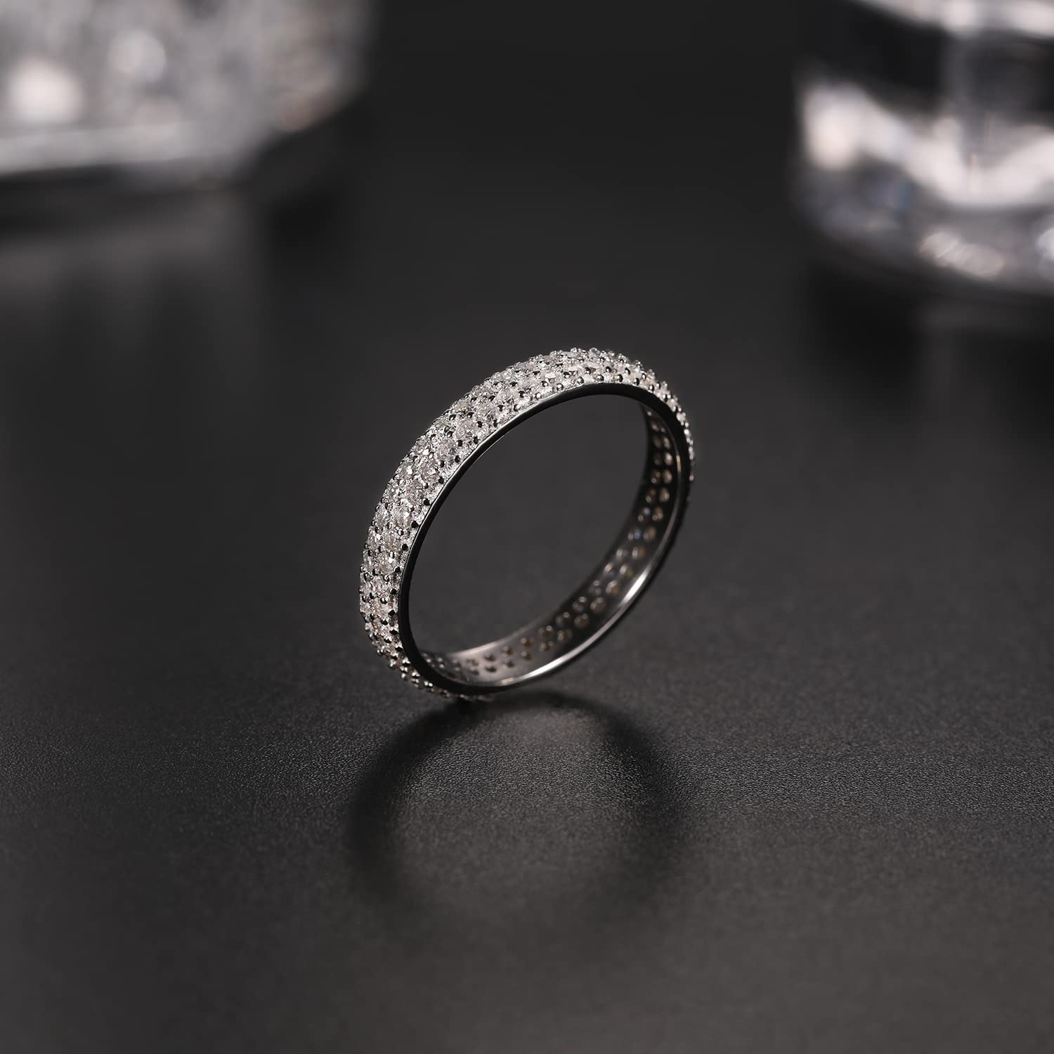 Vinjewelry Moissanite Ring 3.3mm Double Row Full Eternity Wedding Band In 18k White Gold Plated Sterling Silver Stackable Eternity Band Engagement Ring for Women Size 7
