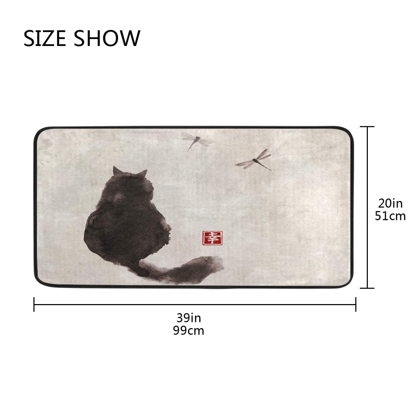 Retro Black Fluffy Cat Dragonfly Kitchen Floor Mat Bath Runner Rug Non Slip Area Mat Rug Absorbent Comfort Standing Mat Carpet for Indoor Outdoor Doormat 39 x 20 Inch