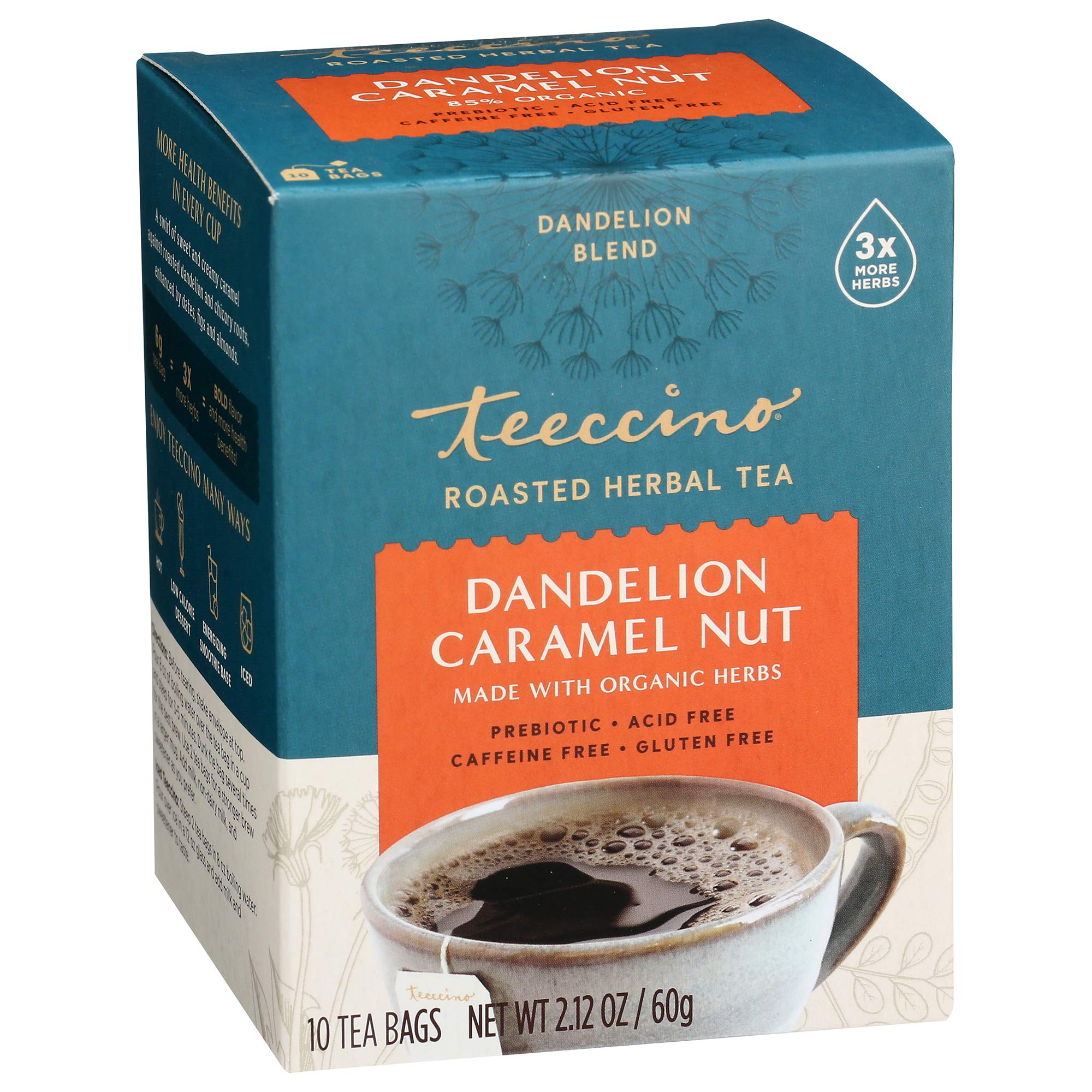 Teeccino Dandelion Caramel Nut Tea - Caffeine Free, Roasted Herbal Tea with Prebiotics, 3x More Herbs than Regular Tea Bags, Gluten Free - 10 Tea Bags
