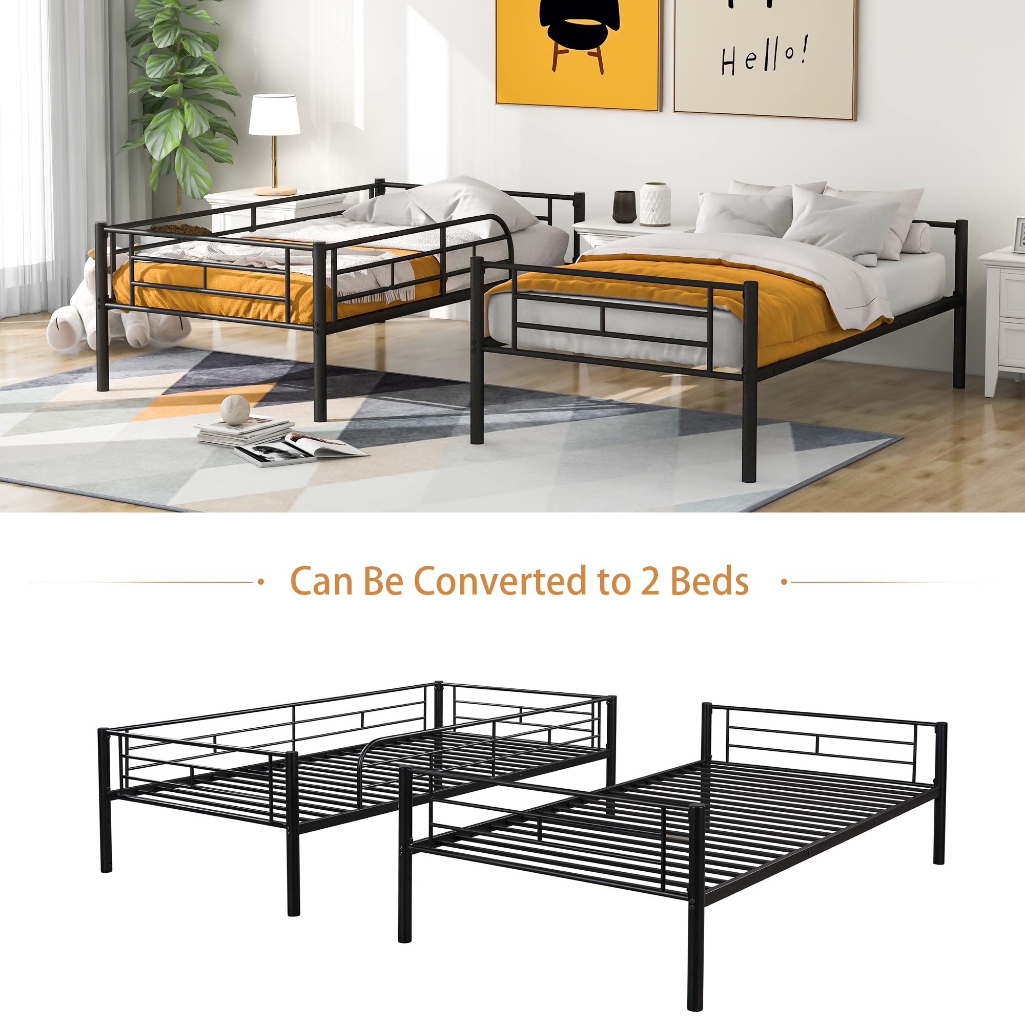 Merax Bunk Bed with Ladder and high Guardrail, Able to Split, Metal Bunk Bed, Storage Space, Noise Free,Twin Over Twin Size,Black