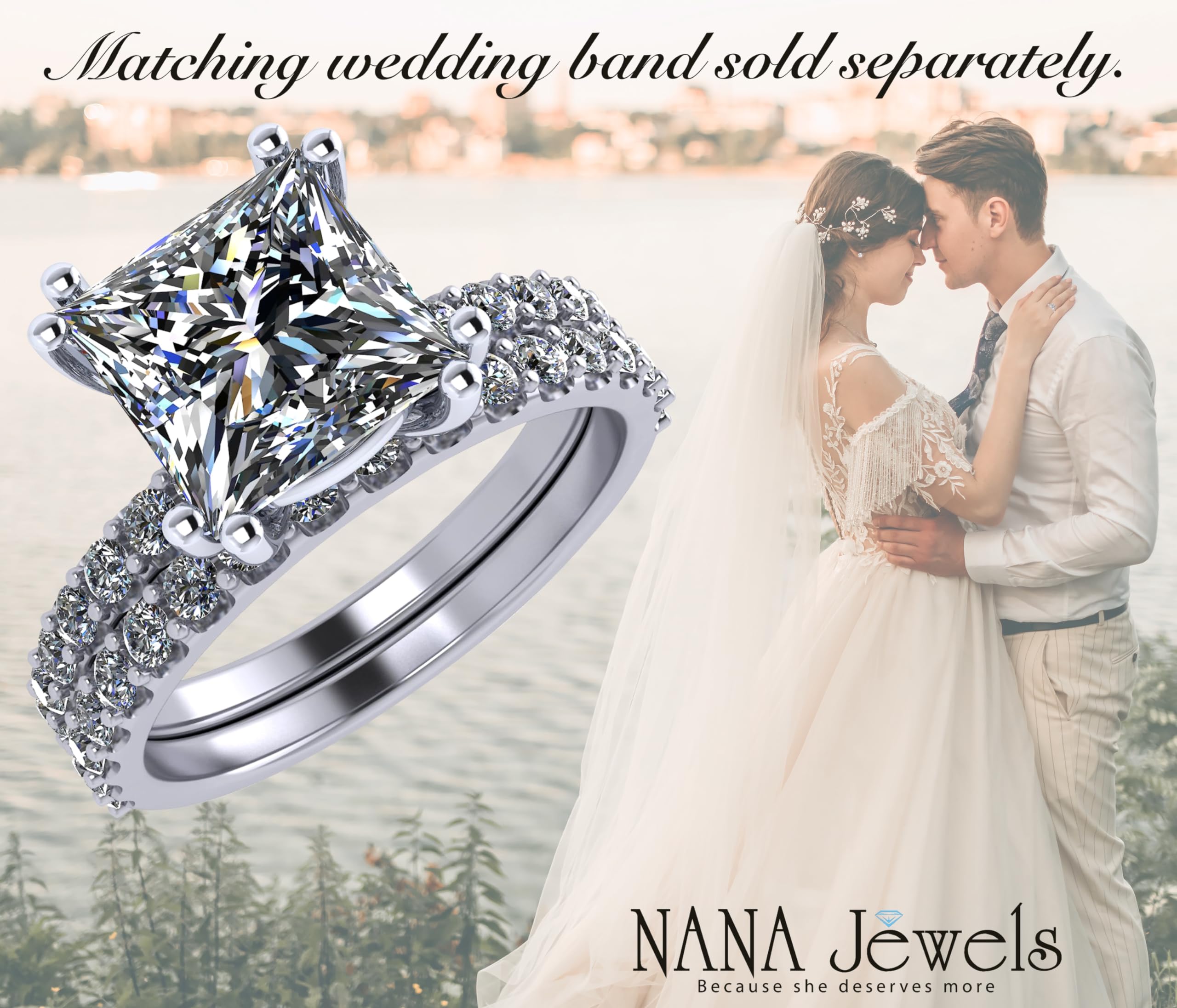 NANA Jewels Silver 8mm (3ct) Princess Cut Pure Brilliance Zirconia Solitaire w/sides Engagement Ring-Rhodium Plated-Size 7