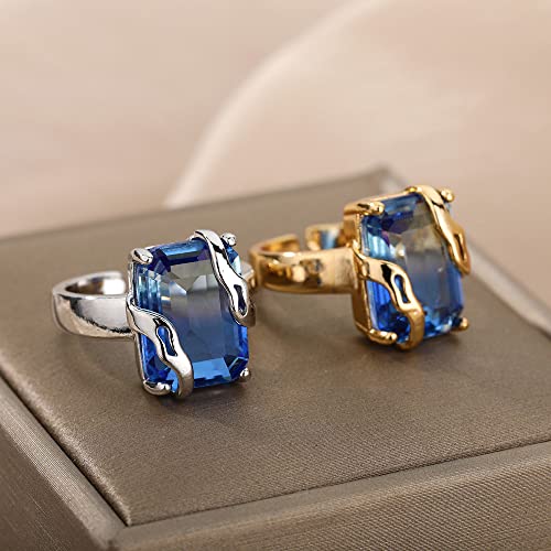 SPRING YOW Open Square Blue Zircon Ring For Women Adjustable Heart Cubic Zirconia Finger Ring Classic Wedding Birthday Jewelry - Silver Plated - Adjustable