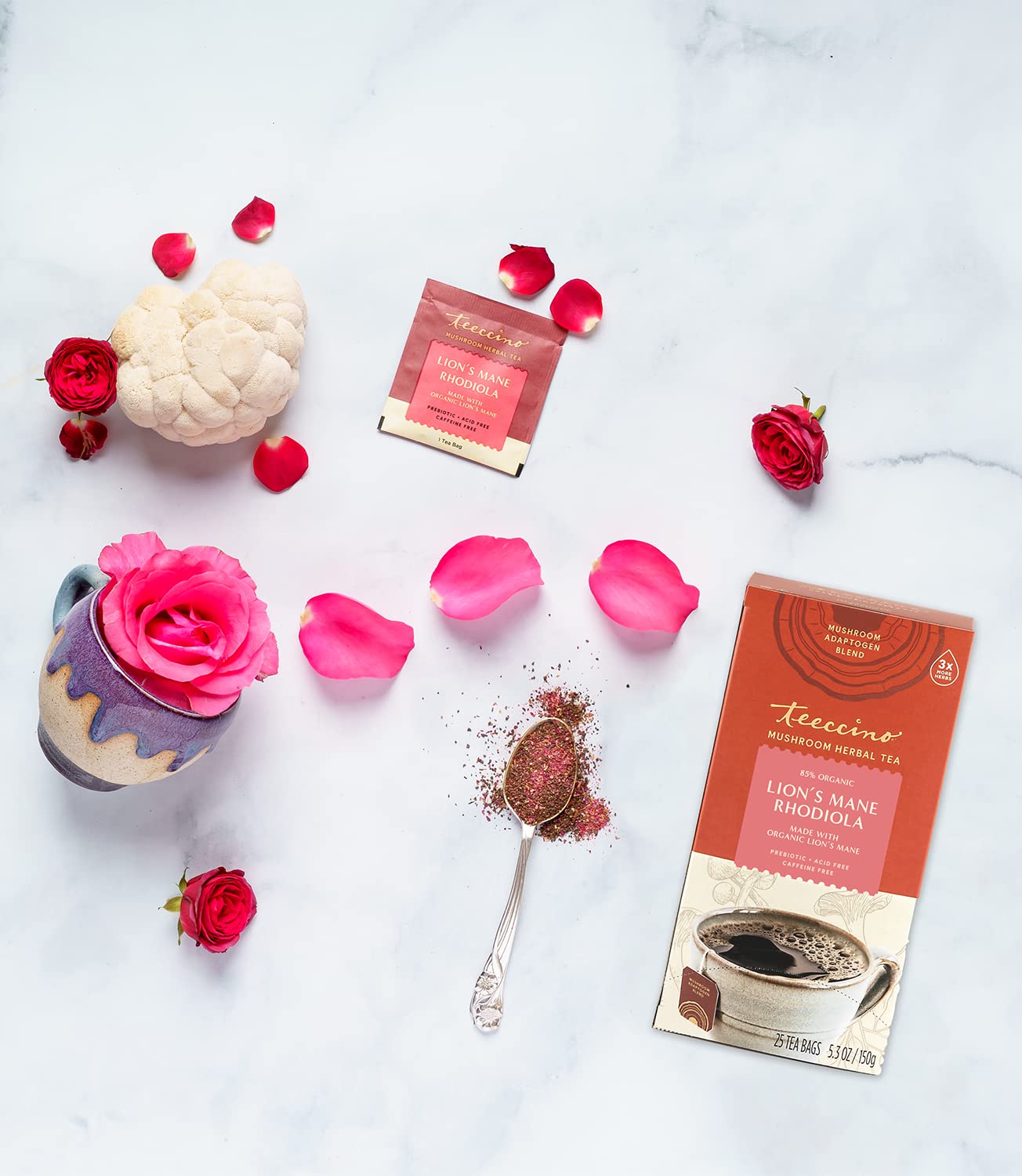 Teeccino Lion’s Mane Rhodiola Rose Mushroom Adaptogen Herbal Tea - Caffeine-Free, 3x More Herbs than Regular Tea Bags, Lightly Sweet from Dates & Figs, Prebiotic - 25 Tea Bags