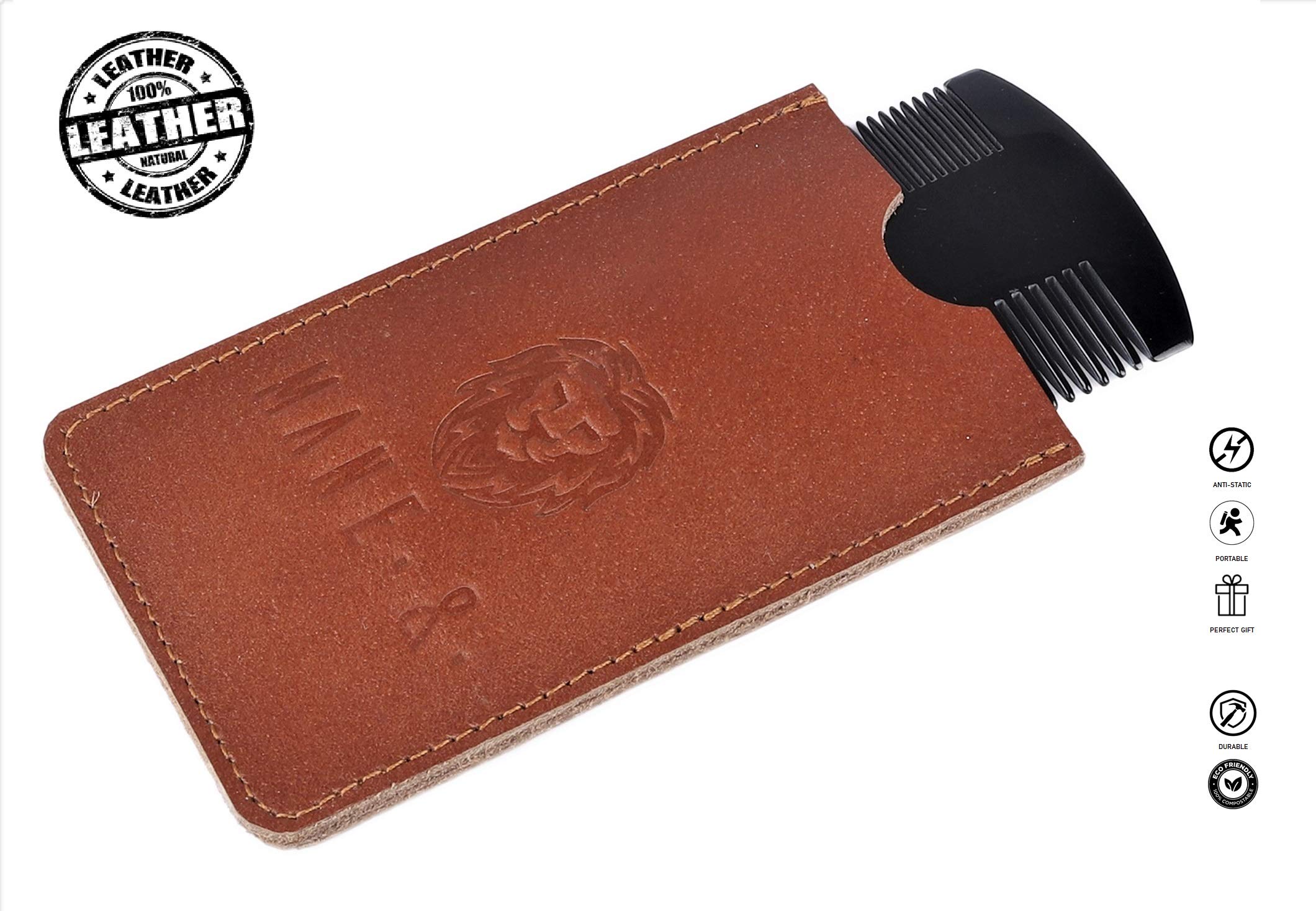 Premium 100% Oxhorn Dual-Action Beard Comb with Genuine Leather Case β the Perfect Beard Grooming Gift for Men by Man & Mane.