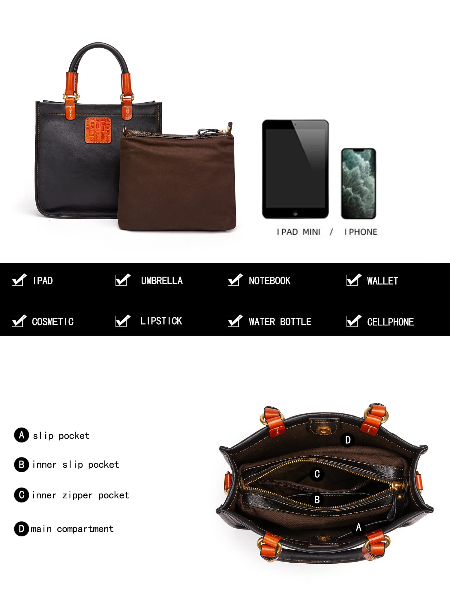 Vintage Leather Tote Bag For Women Casual Top Handle Shoulder Purse With Wide Straps (1-Black)