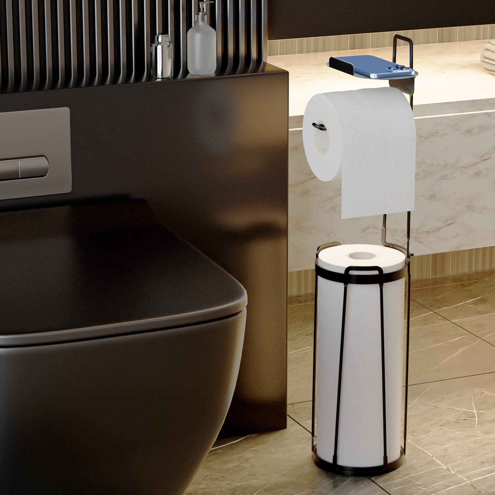 ROLABAM Heavy Weighted Toilet Paper Holder (with Reserve Function and Shelf) Free Standing Toilet Paper Storage,Spare Tissue Paper Roll Holder Storage Stand for Bathroom Total Height 26" ,Matte Black