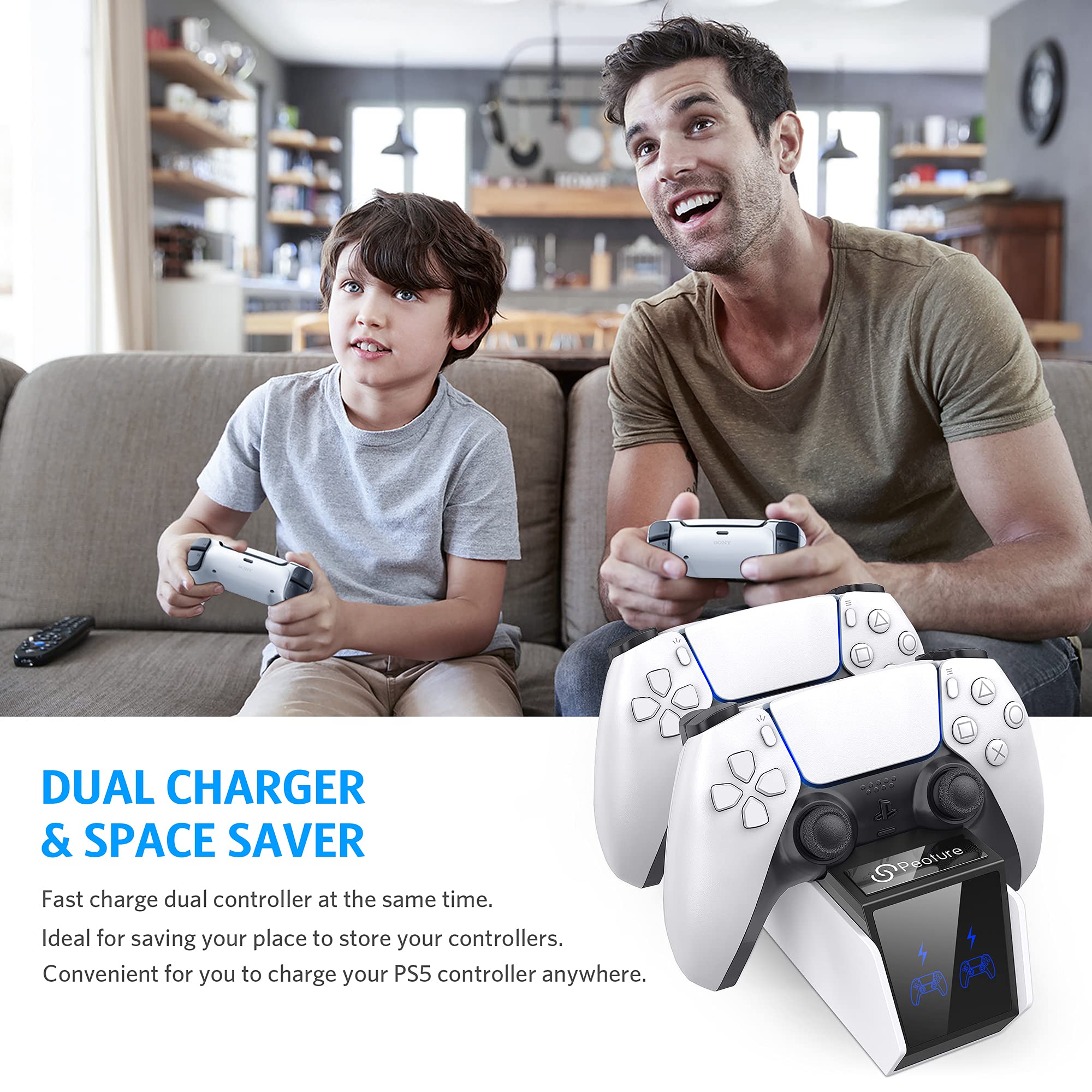 Peoture PS5 Controller Charger Station, PS5 Charging Station Dual Charger Docking Station Compatible with Playstation 5 PS5 with LED Indicators- Fast Charging 5V/2A Cable Included