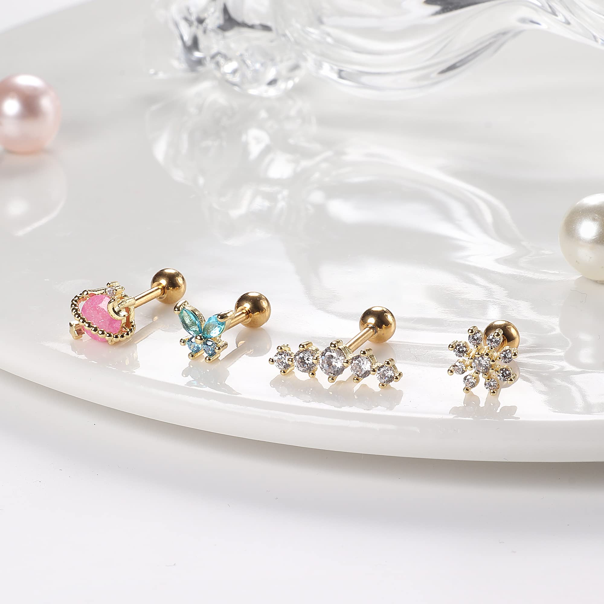 Sanfenly 11Pcs 16G Cartilage Earrings Studs Stainless Steel CZ Forward Helix Tragus Stud Earring Cute Butterfly Moon and Star Cartilage Daith Conch Ear Piercing Jewelry for Women