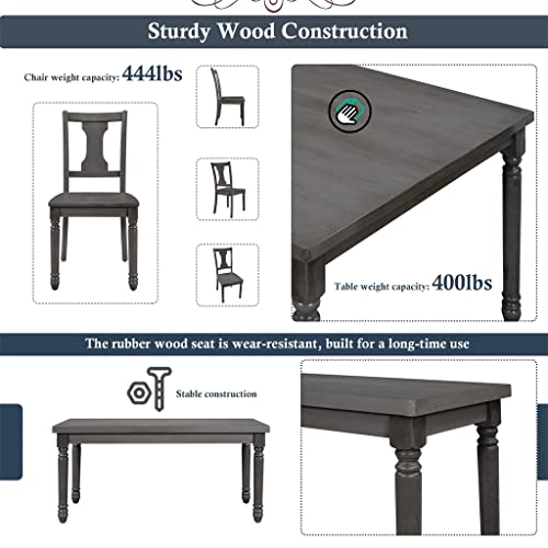 MJWDP 6 Piece Classic Dining Table 1 Wooden Table + 4 Chairs + 1 Kitchen Dining Bench Grey