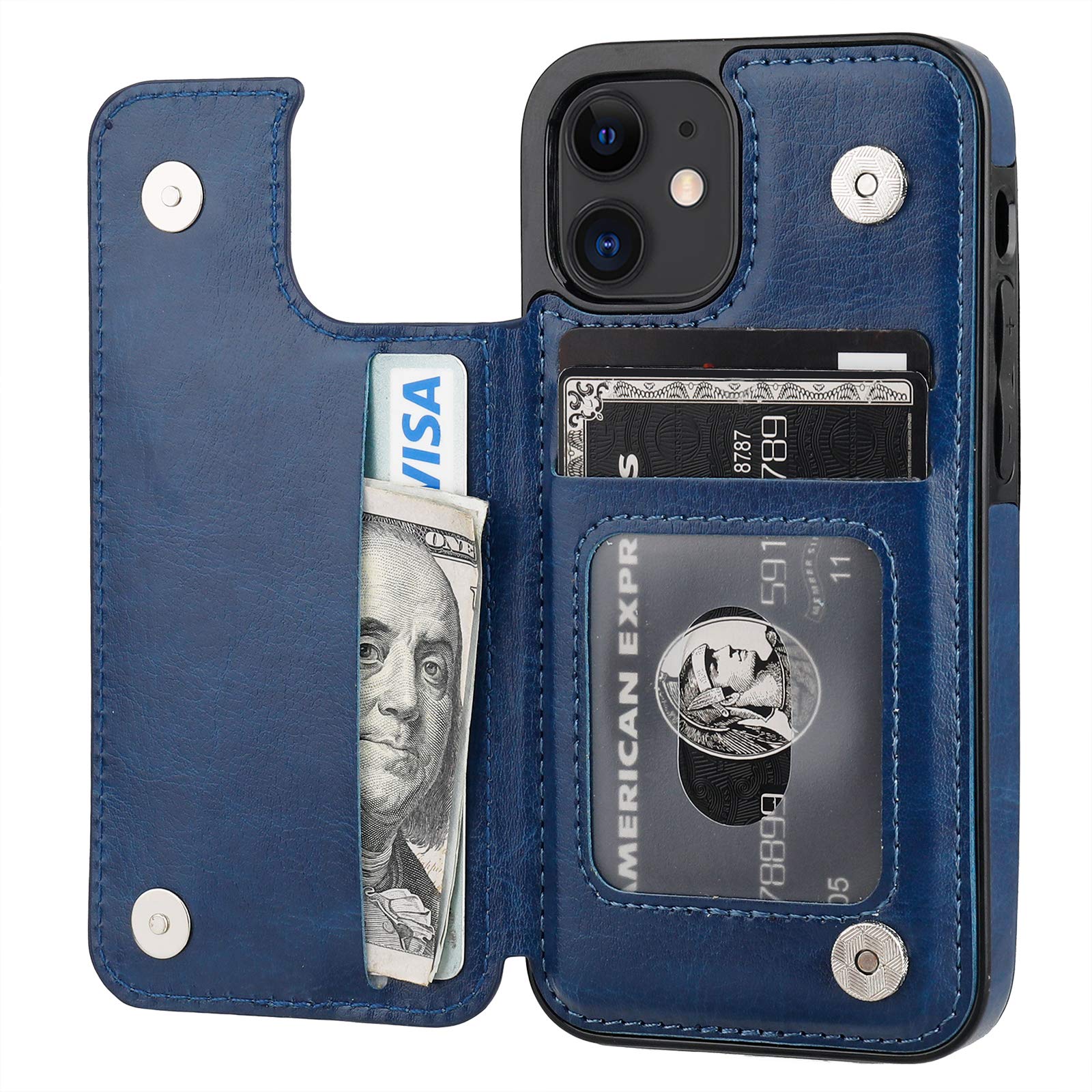 ONETOP Compatible with iPhone 12 Mini Wallet Case with Card Holder, PU Leather Kickstand Card Slots Case, Double Magnetic Clasp and Durable Shockproof Cover 5.4 Inch(Blue)