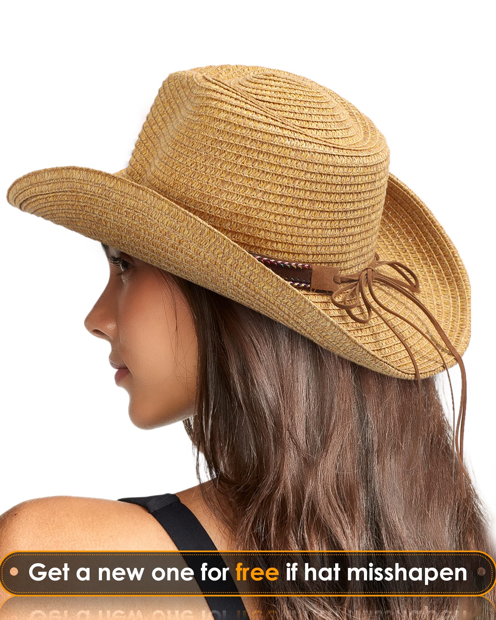Women Straw Sun Hat Mens Cowboy Western Hat Garden UPF 50+ Shapeable Wide Brim Summer Hat Khaki