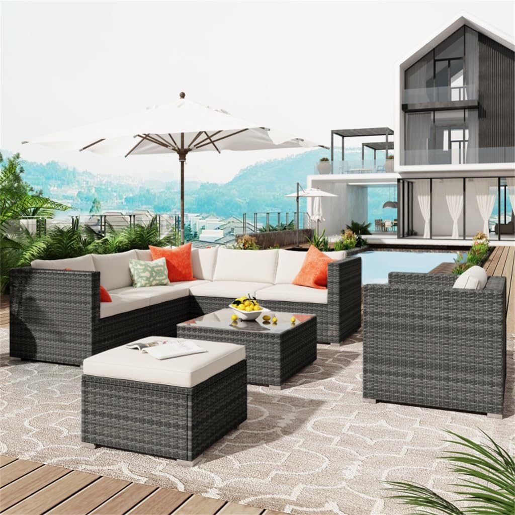 MJWDP Patio Furniture Sets, 8-Piece Patio Wicker Corner Sofa, Ottoman and Coffee Table for Outdoor Backyard Gardens